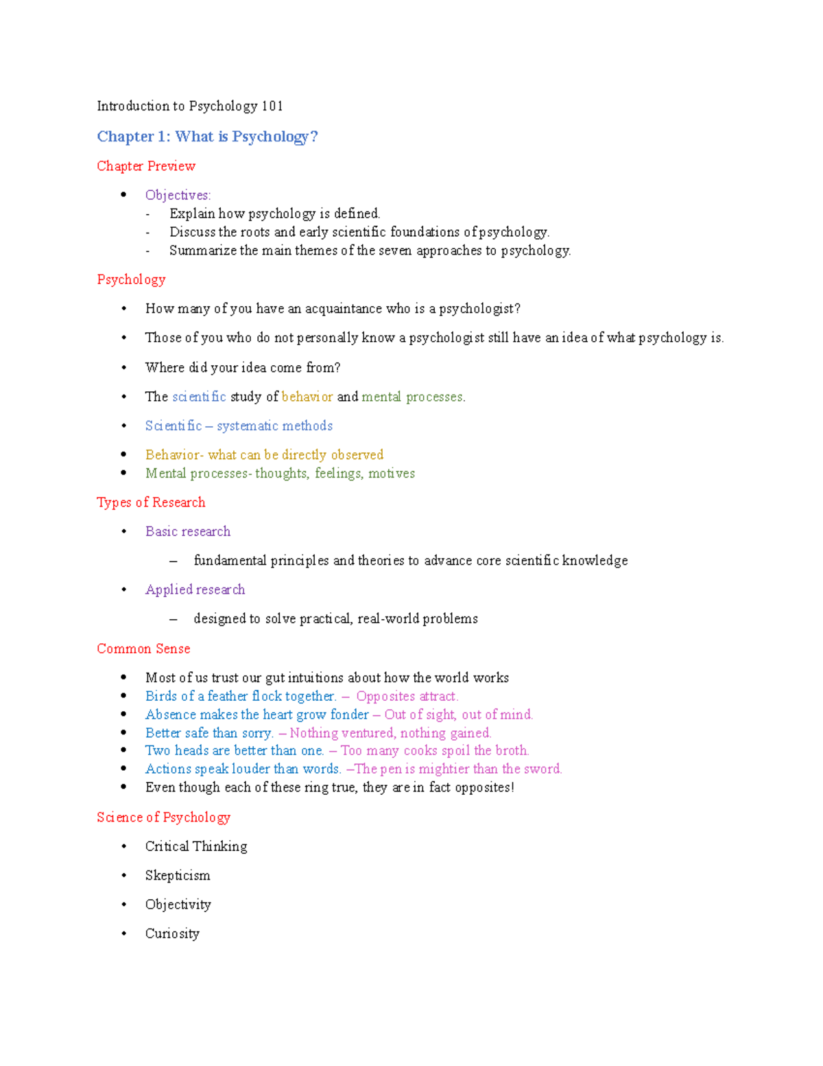 Psych 101 Lecture Notes: Intro to Psychology & Approaches (Ch. 1) - Studocu