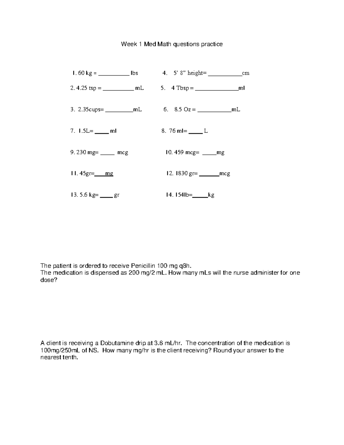 Week 1 Med Math Practice: Dosage Calculations and Conversions - Studocu
