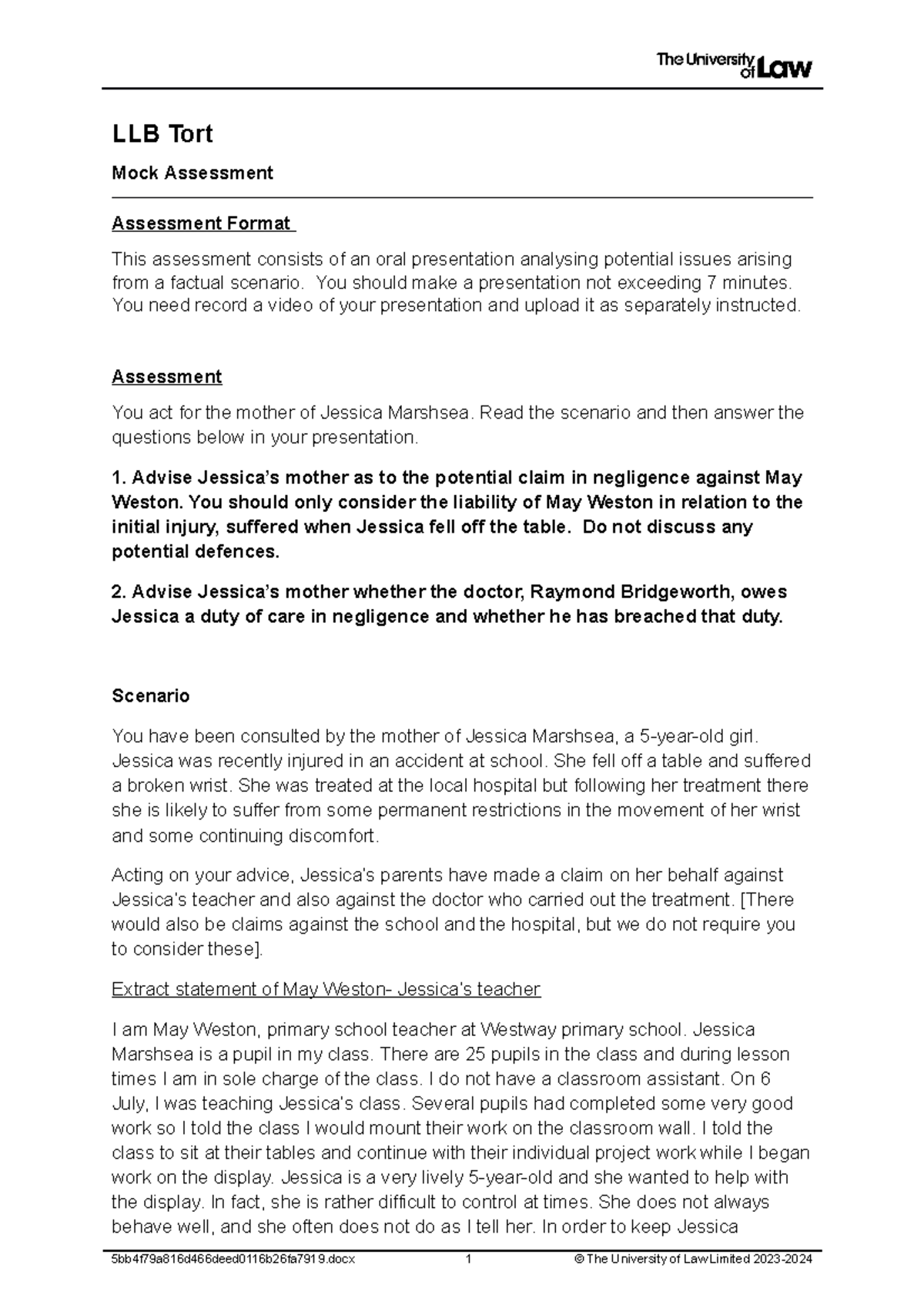LLB Tort - Mock Assessment on Negligence Claims for Jessica Marshsea ...