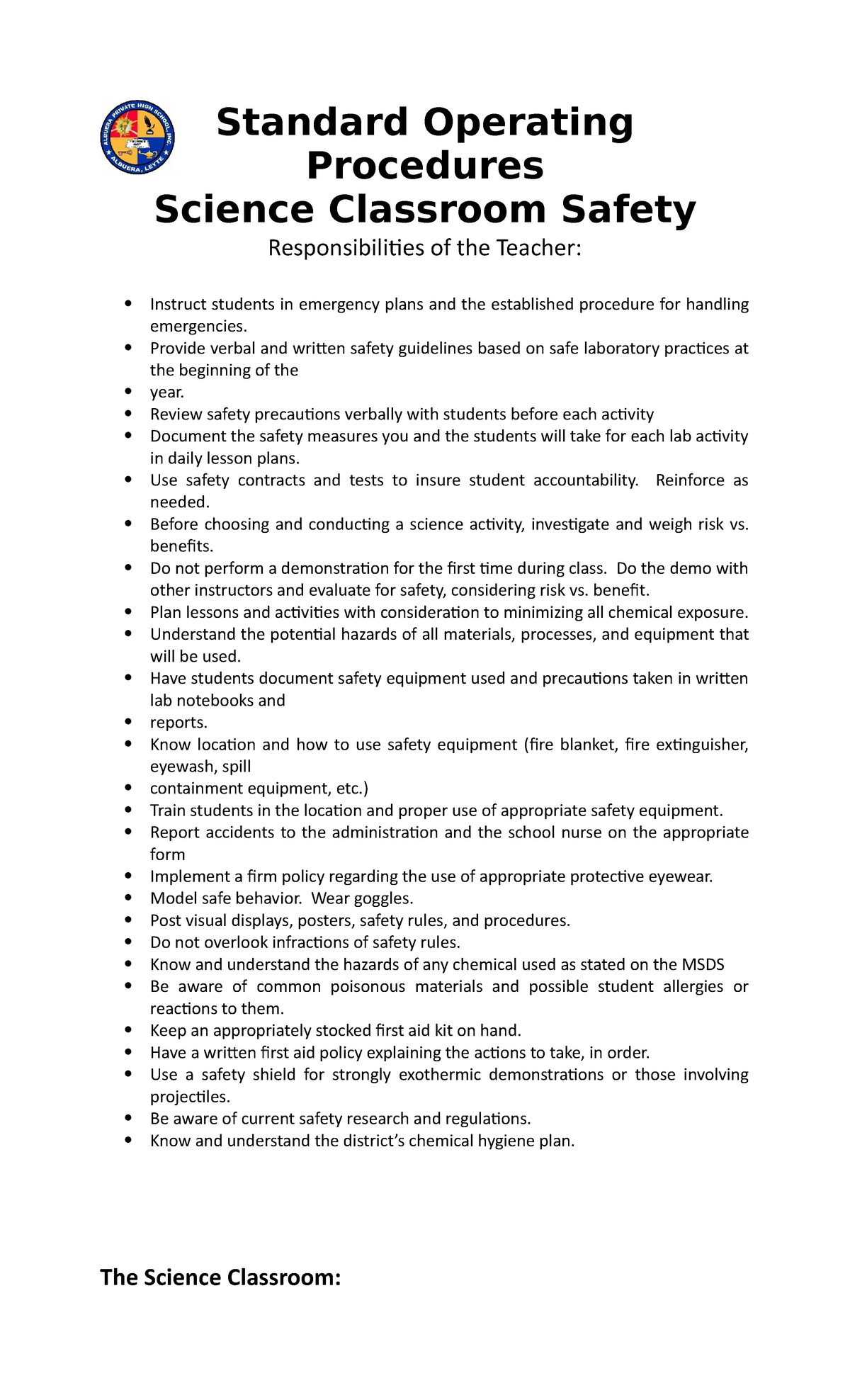 SOPs for Science Lab Safety: Responsibilities & General Practices - Studocu