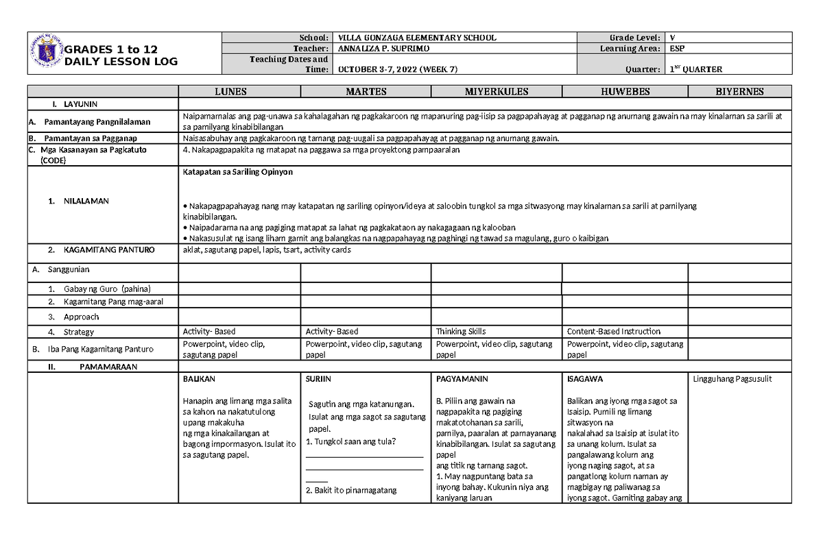 DLL ESP 5 Q1 W7 - practice only - GRADES 1 to 12 DAILY LESSON LOG School: VILLA GONZAGA ...