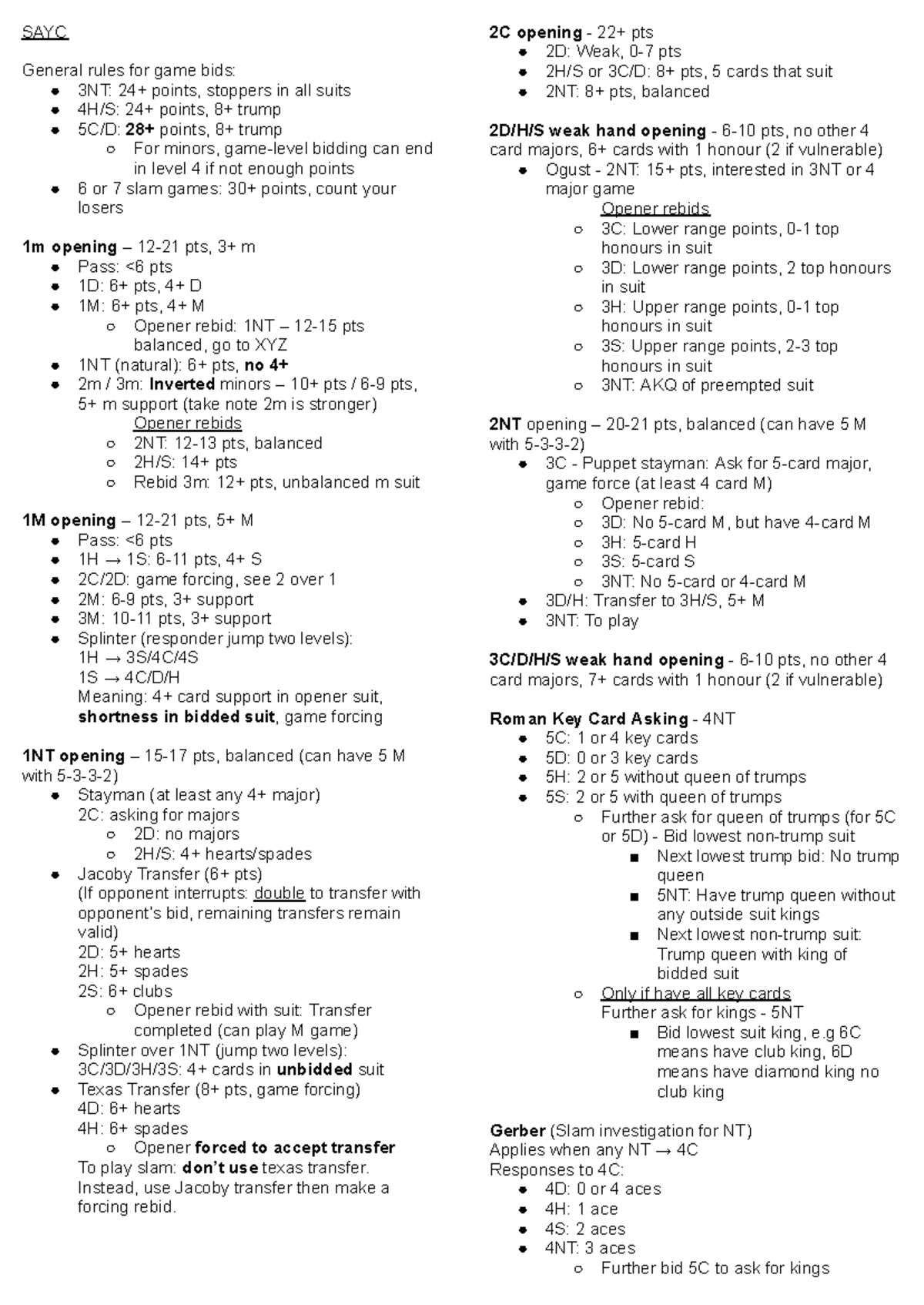 SAYC Bidding Conventions for Contract Bridge: Points & Strategies - Studocu