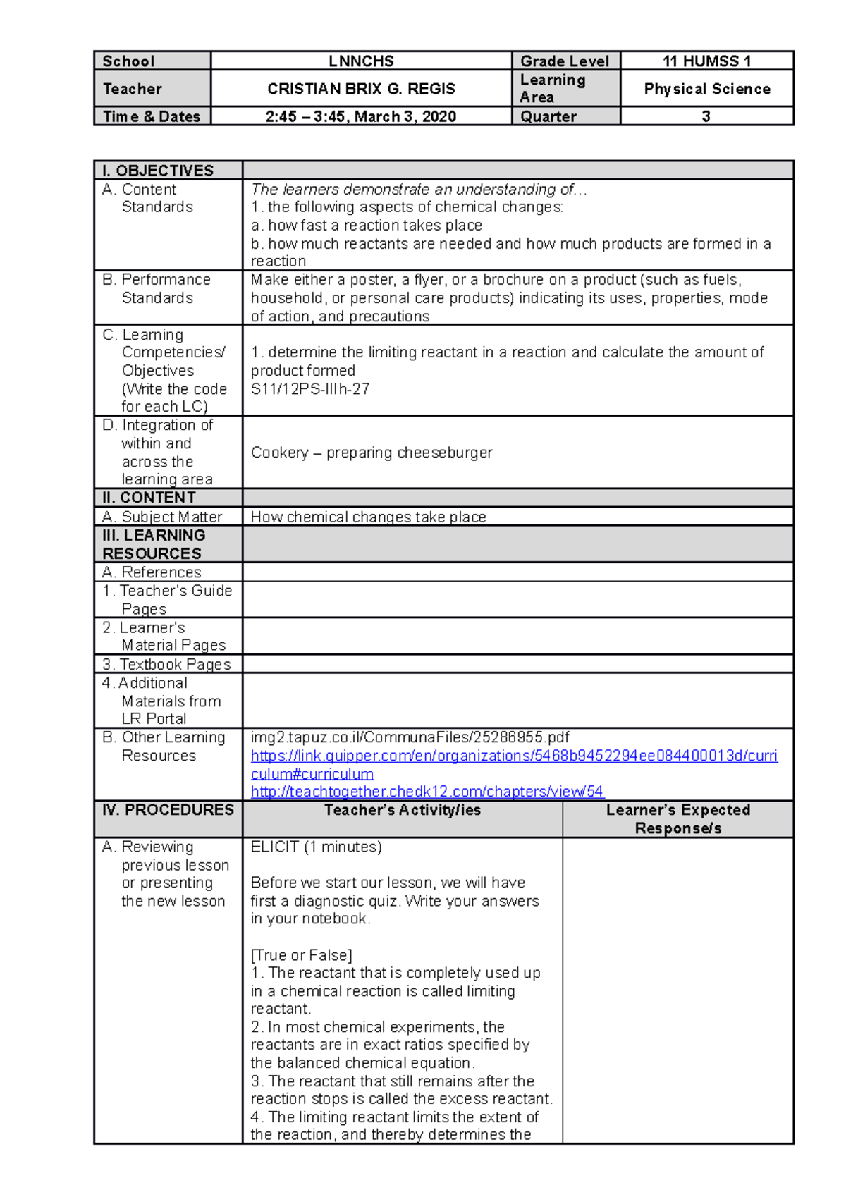 Physical Science Lesson Plan - School LNNCHS Grade Level 11 HUMSS 1 ...