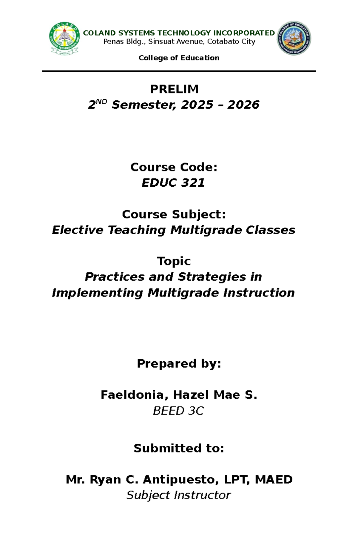 EDUC 321: Practices & Strategies for Multigrade Instruction - Studocu