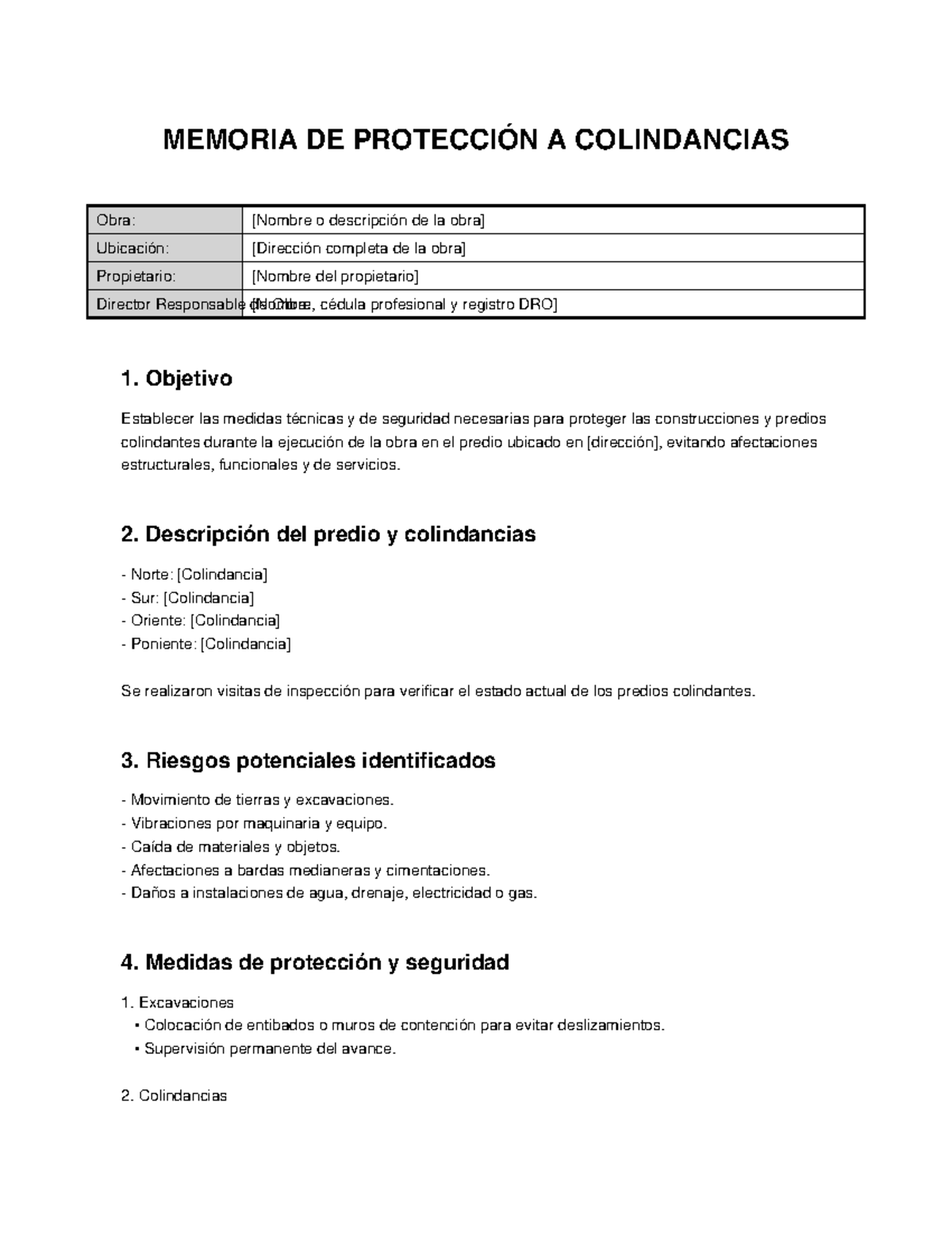 Memoria de Protección a Colindancias: Medidas y Riesgos Identificados ...