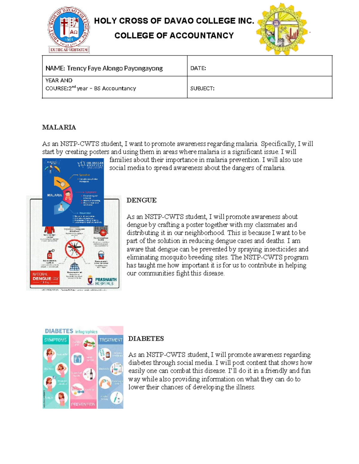 NSTP PAPER: Promoting Awareness on Malaria, Dengue, and Diabetes - Studocu
