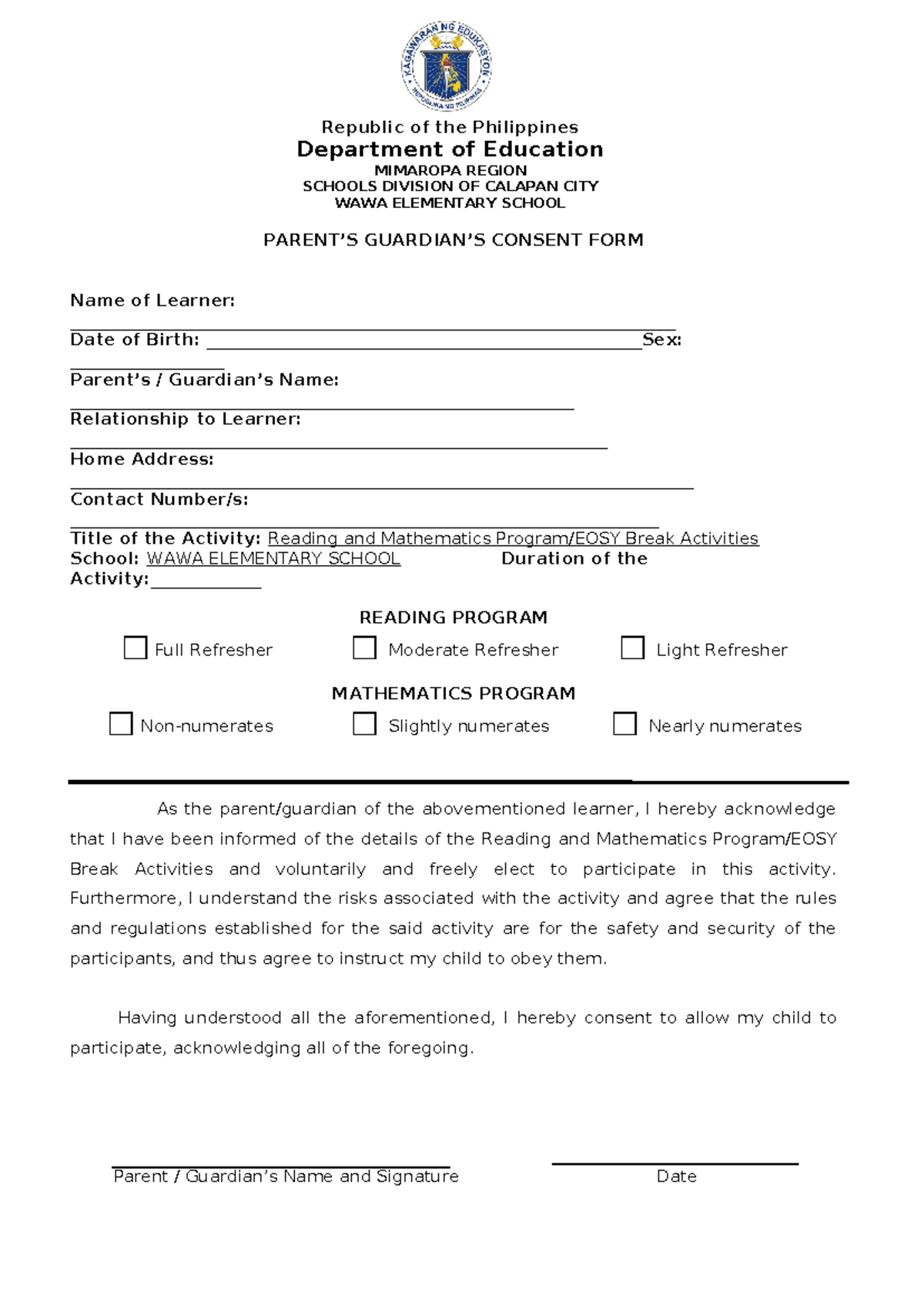 Consent Form for Reading & Math Break Activities at Wawa Elementary ...