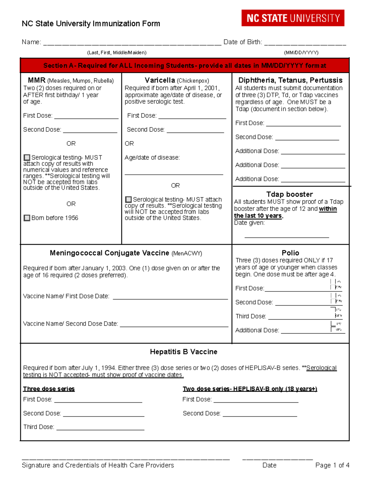 NC State University Immunization Record Form for Incoming Students ...