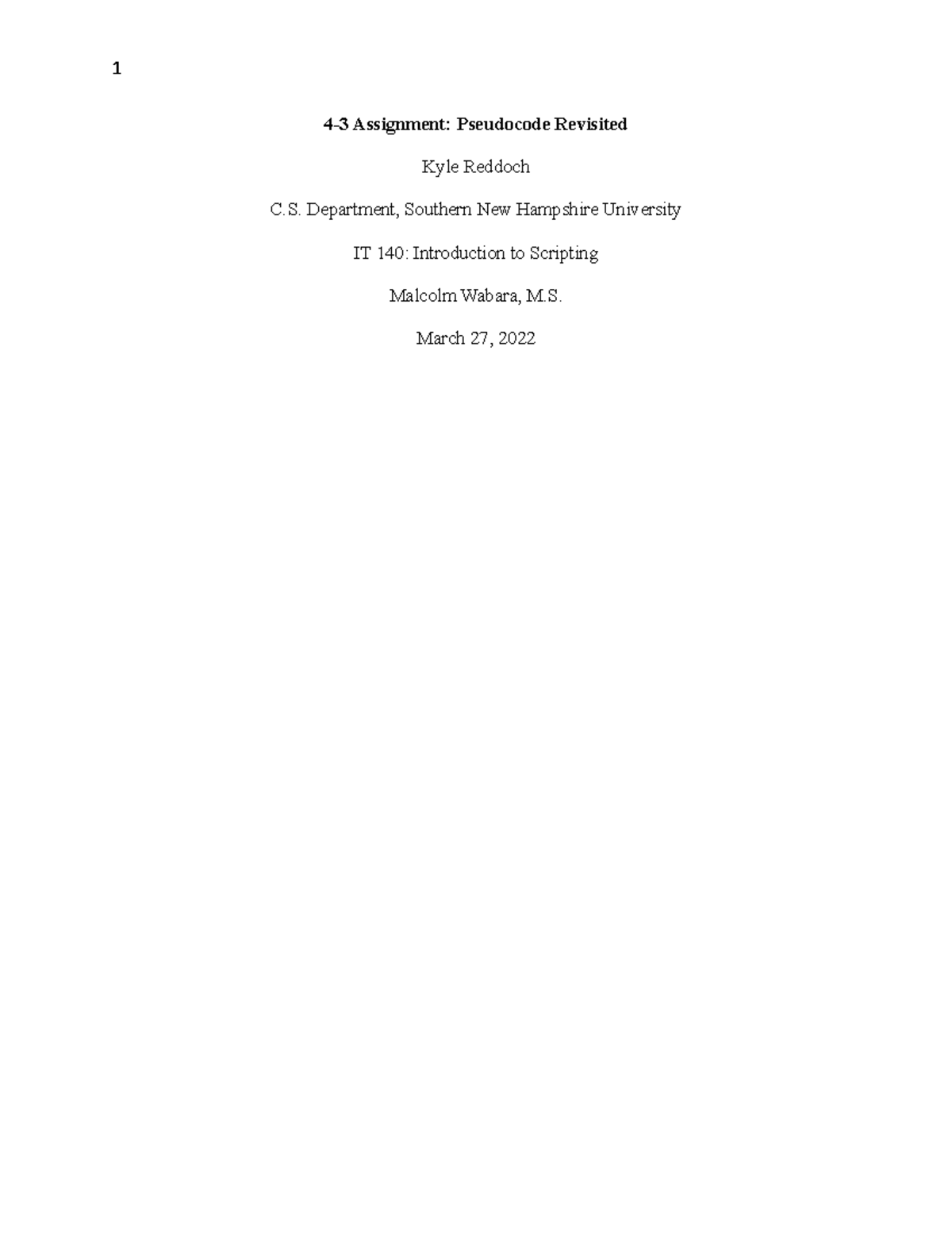 4-3 Assignment: Pseudocode Revisited - Department, Southern New Hampshire University IT 140 ...