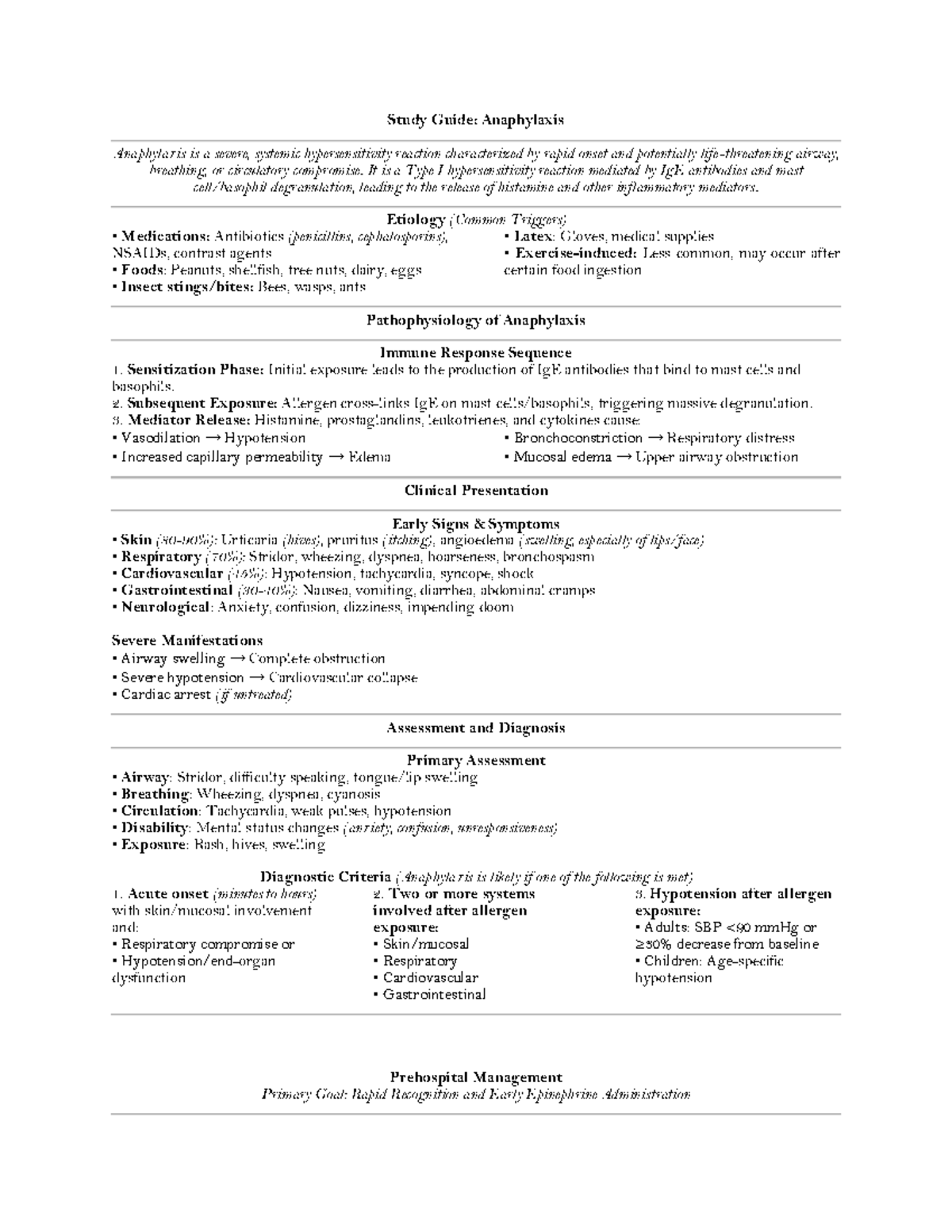 Anaphylaxis Study Guide: Key Concepts & Management (PHARM 101) - Studocu