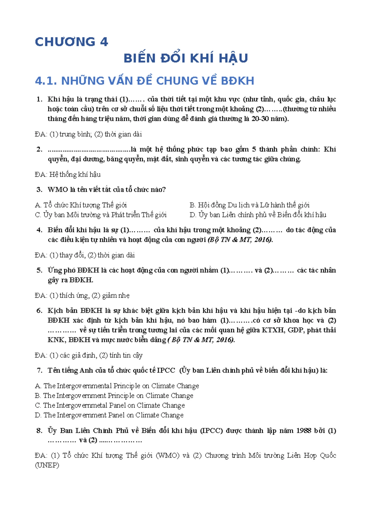 CHƯƠNG 4: BIẾN ĐỔI KHÍ HẬU VÀ ỨNG PHÓ - MTDC KĐA - Studocu