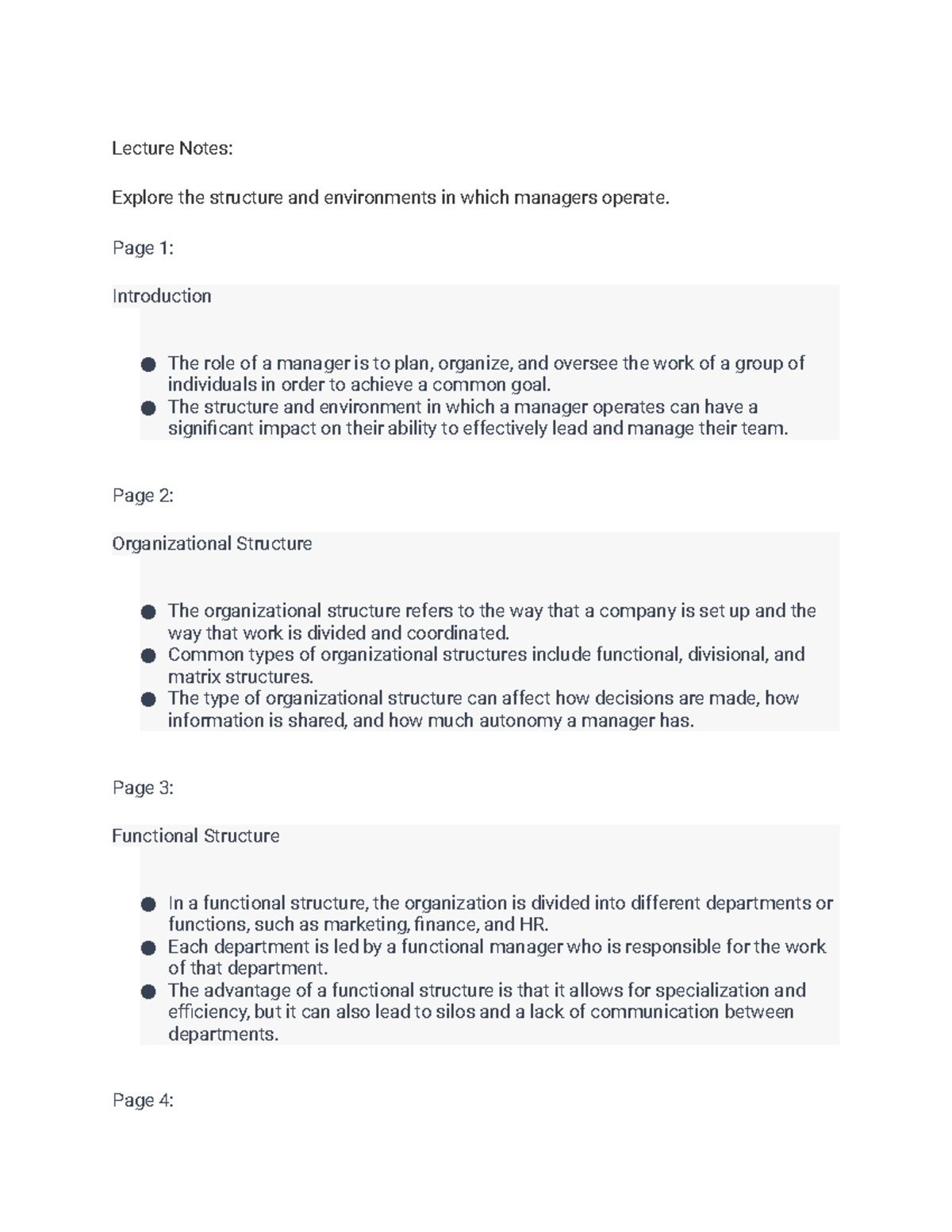 BUS 217 Lecture Notes: Managerial Structures & Environments Overview ...