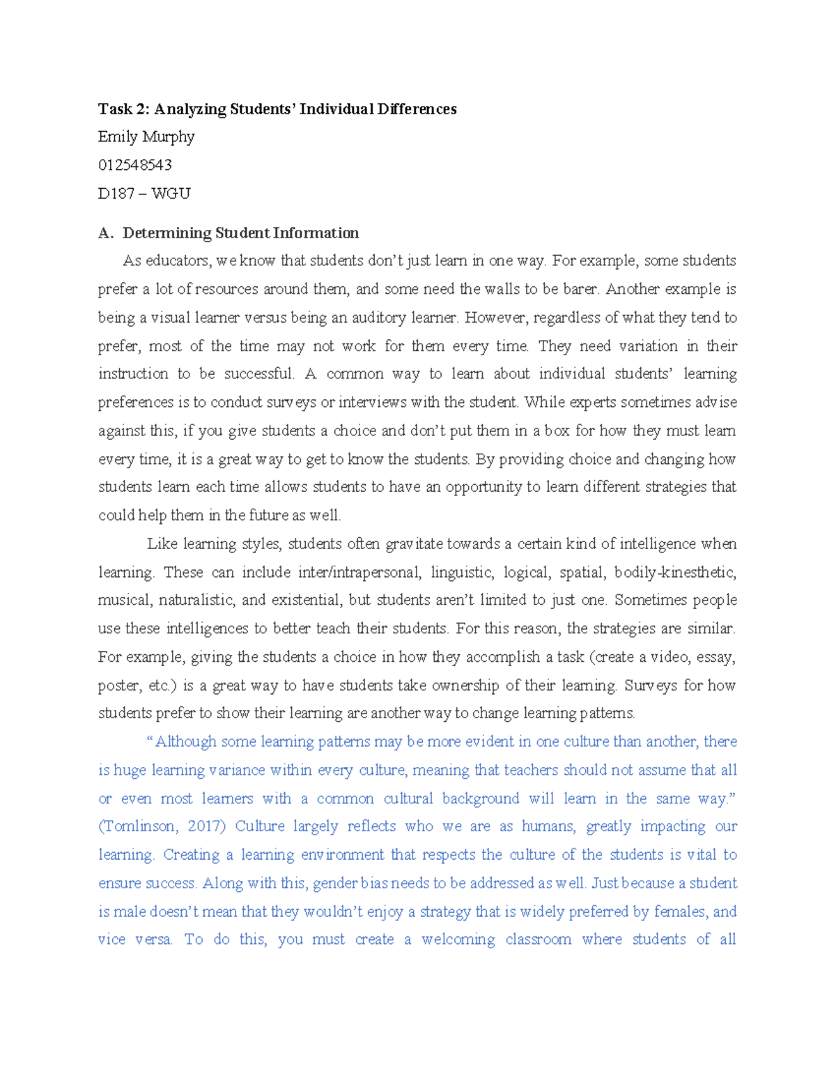 D187 Task 2: Analyzing Individual Differences in Student Learning - Studocu