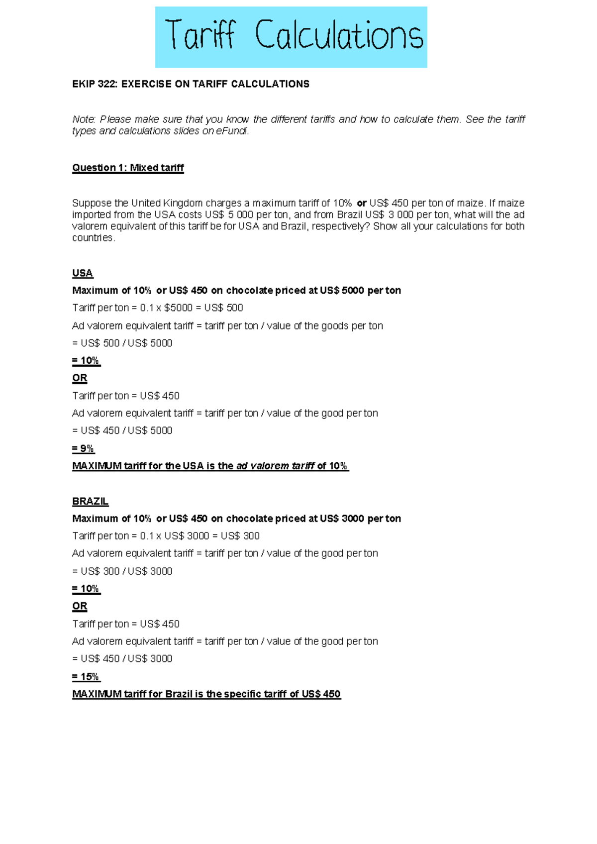 Tariff Calculations EKIP 322: Exercise on Mixed Tariff Calculations ...
