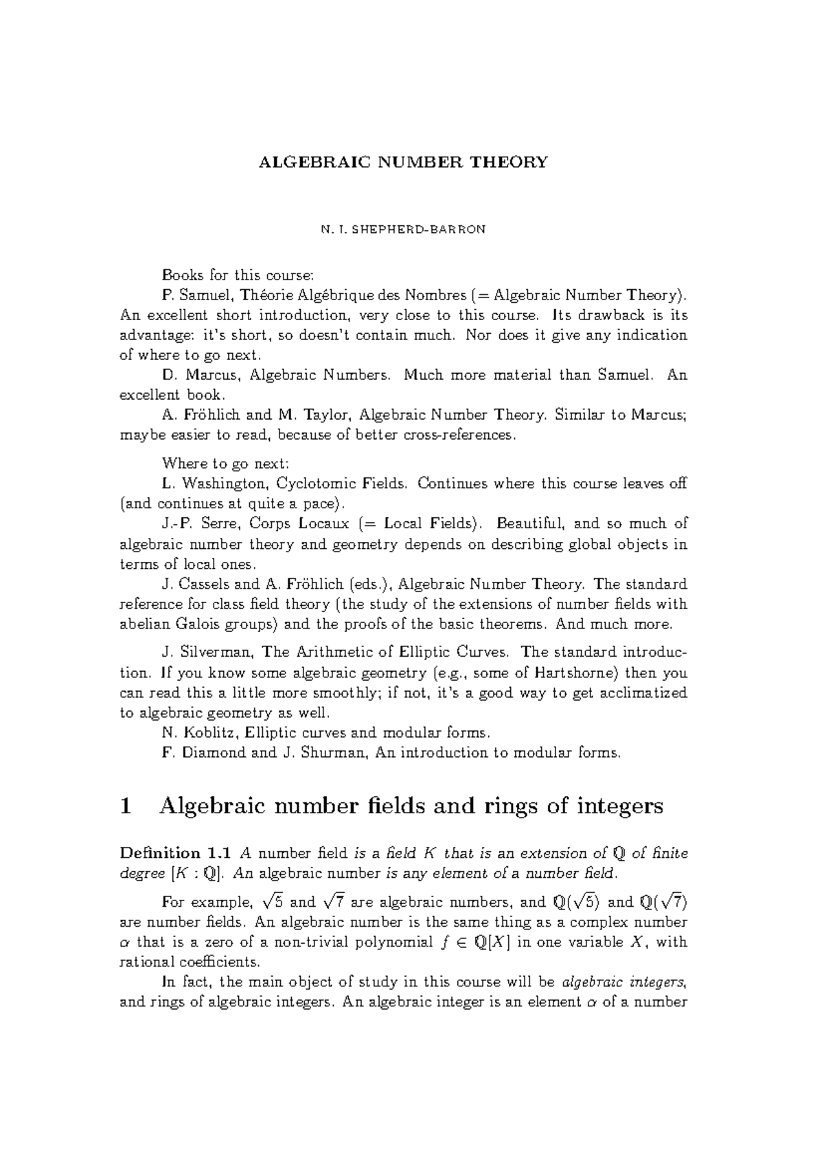 Algebraic Number Theory (ANT) Course Notes and References - Studocu