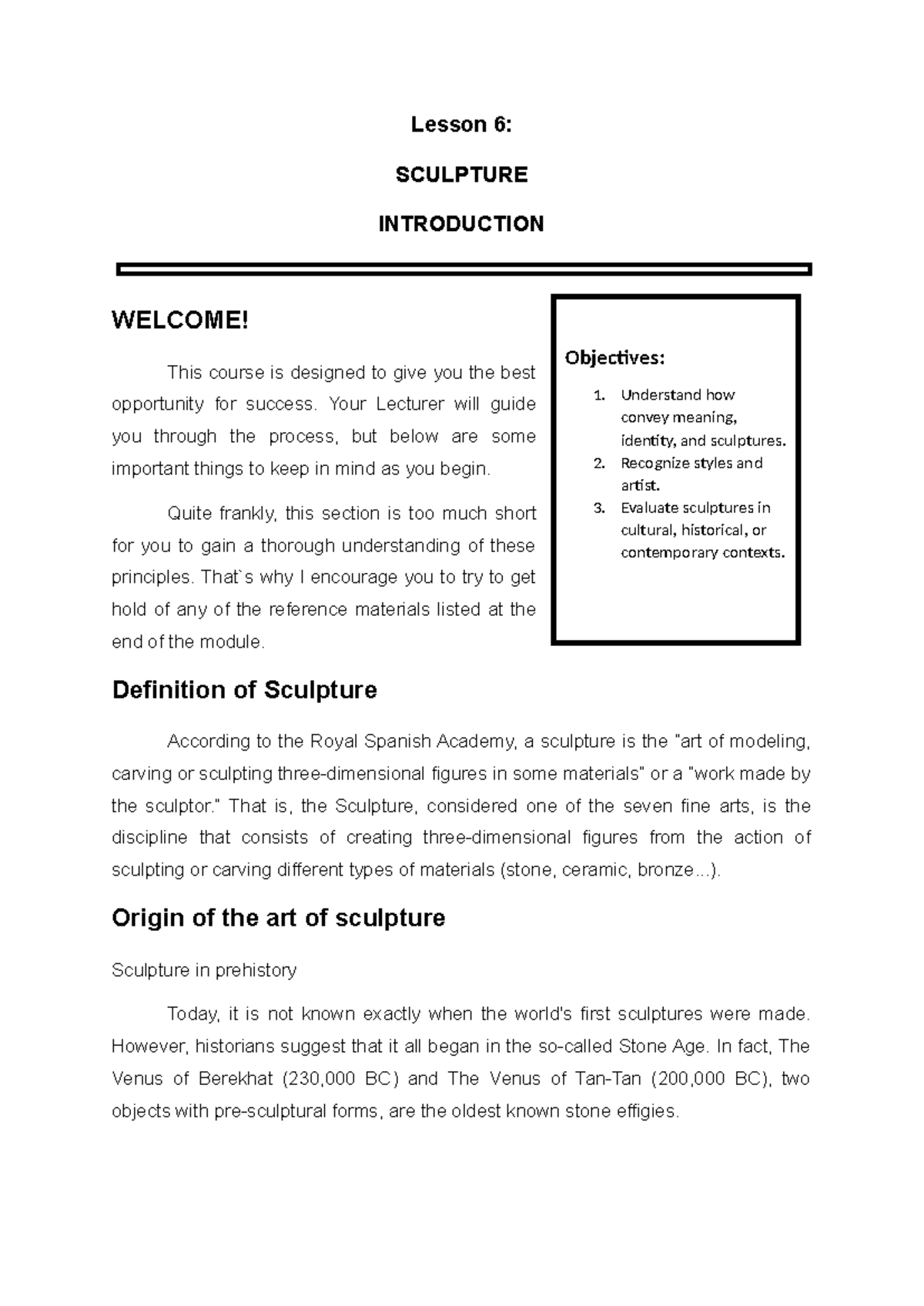 Lesson 6: Introduction to Sculpture and Its Historical Context - Studocu