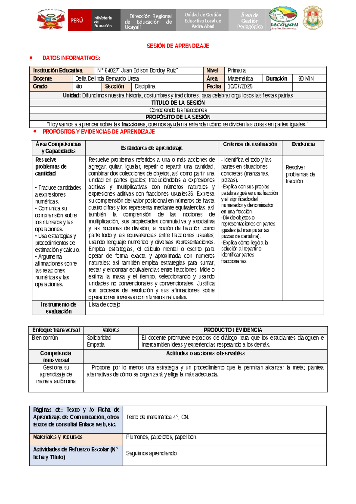 Sesión de Aprendizaje MATE 4to Grado: Conociendo las Fracciones - Studocu