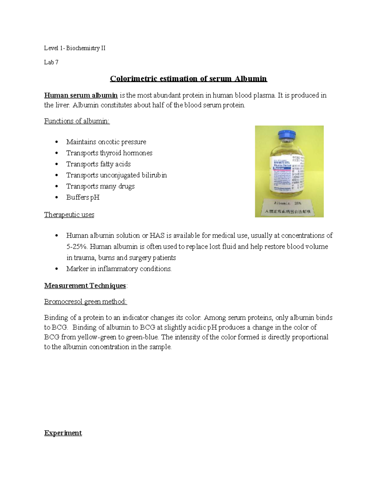 Bio II Lab 7 - Colorimetric Estimation of Serum Albumin - Studocu