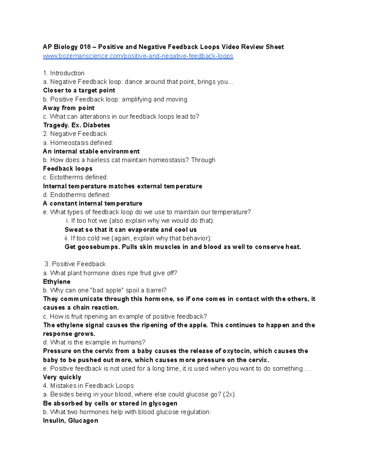 AP Biology 018: Homeostasis and Feedback Loops Review Sheet - Studocu
