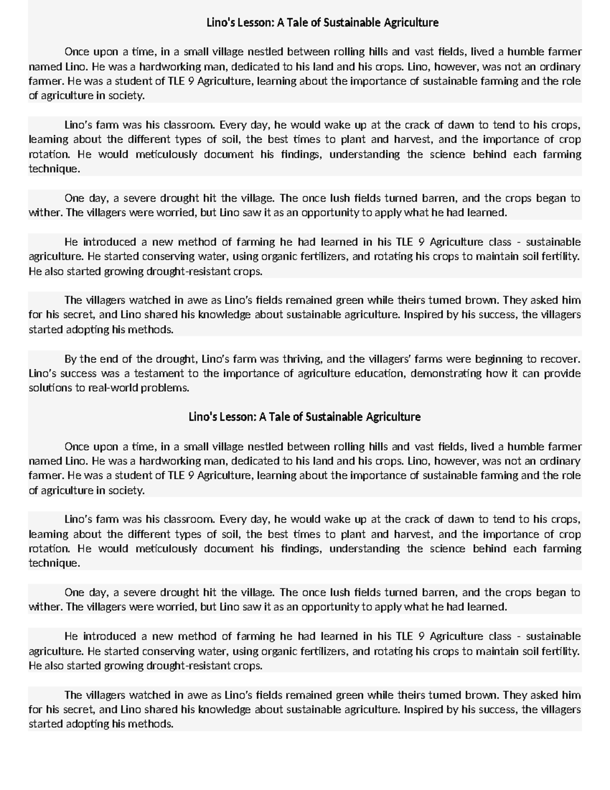 AGRICULTURAL READING NOTES - Lino's Lesson: A Tale of Sustainable ...