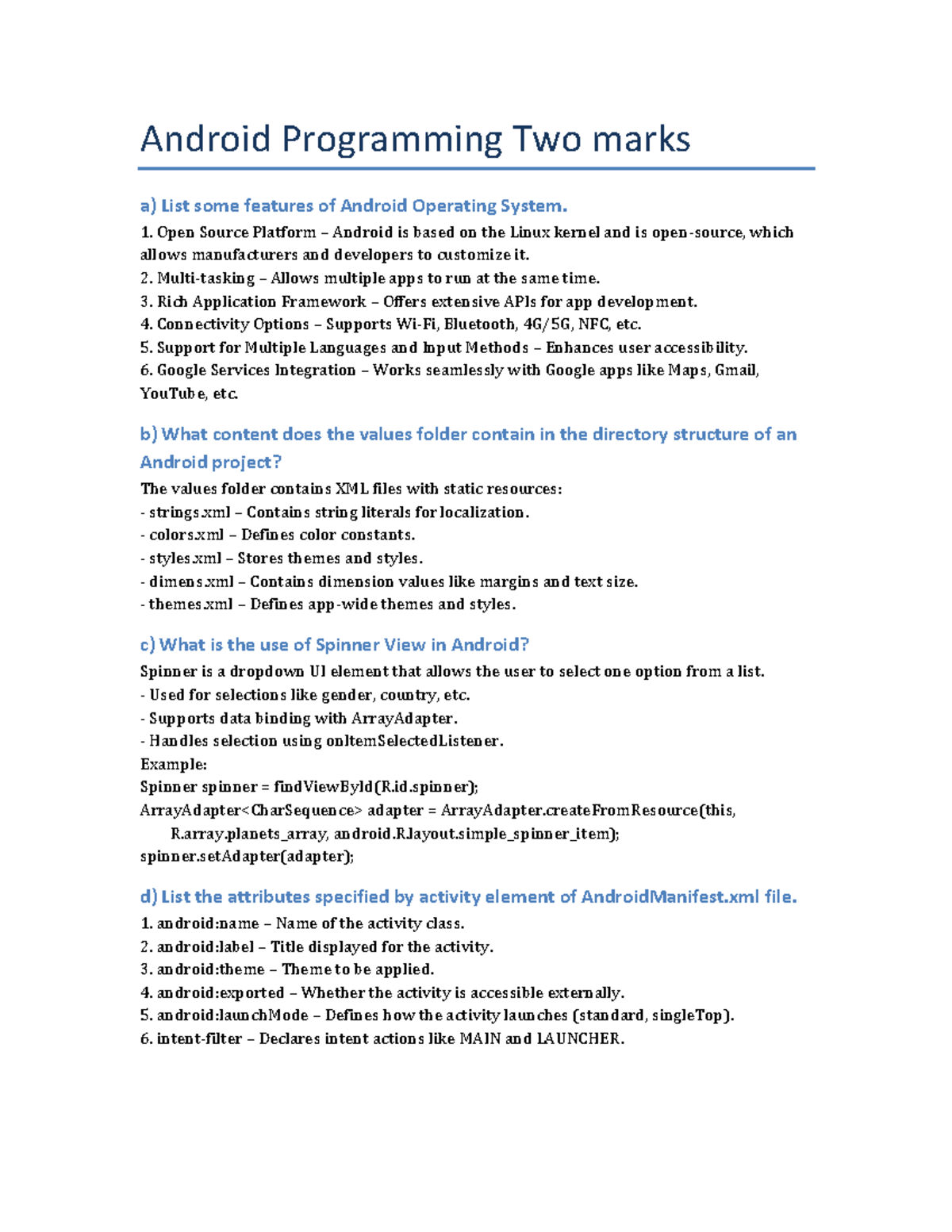 PTU Android Programming Answers - Android Programming Two marks a) List ...