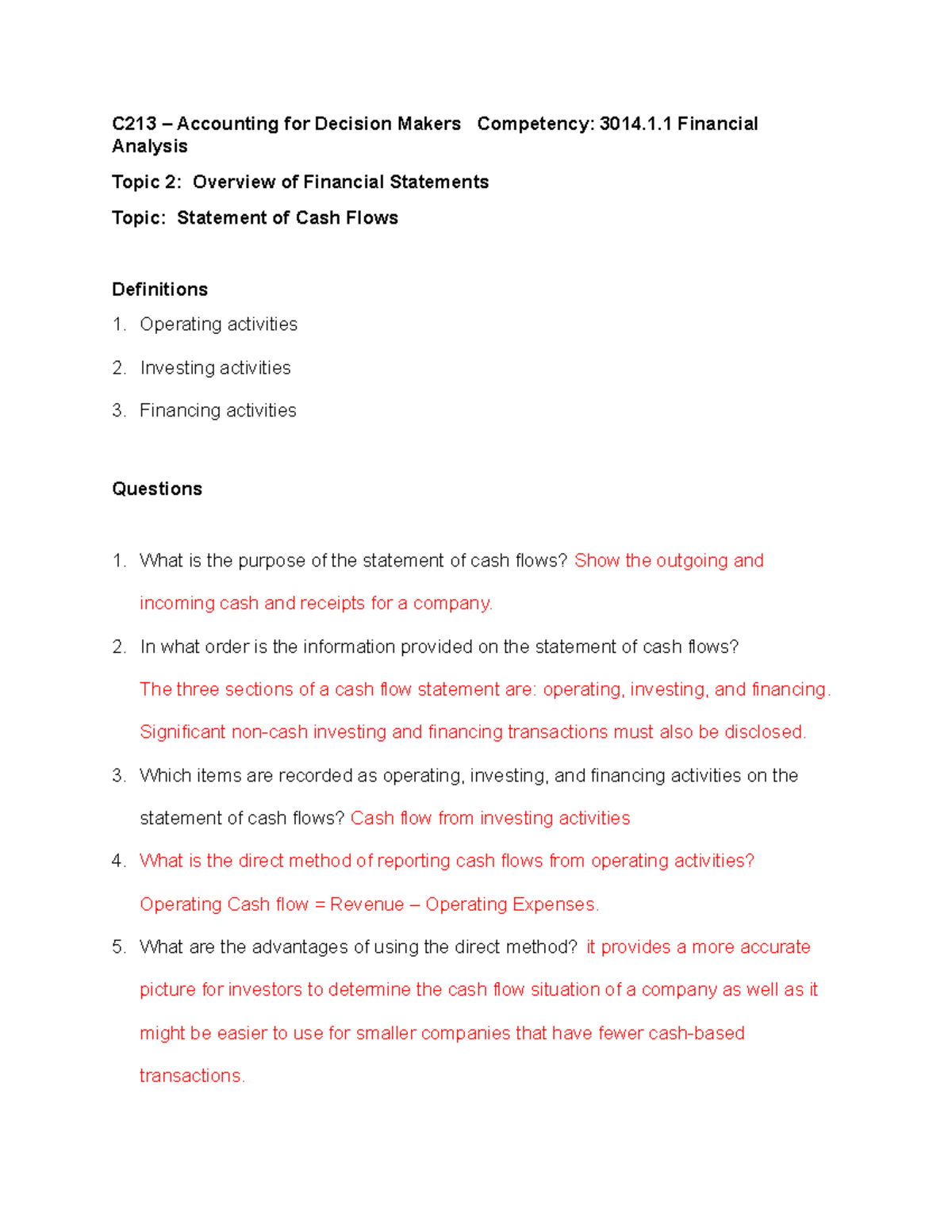 C213 Statement of Cash Flows Worksheet & Analysis Guide - Studocu