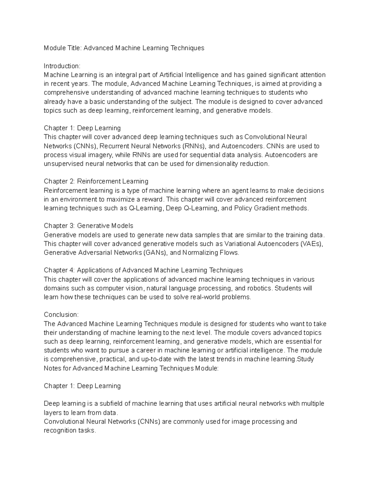 Study Notes for Advanced Machine Learning Techniques (AML 300) - Studocu