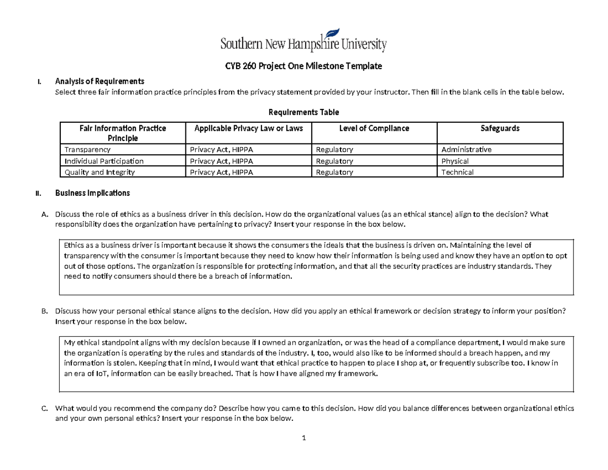 CYB 260 Project One Milestone Template by Justin Everson - Studocu