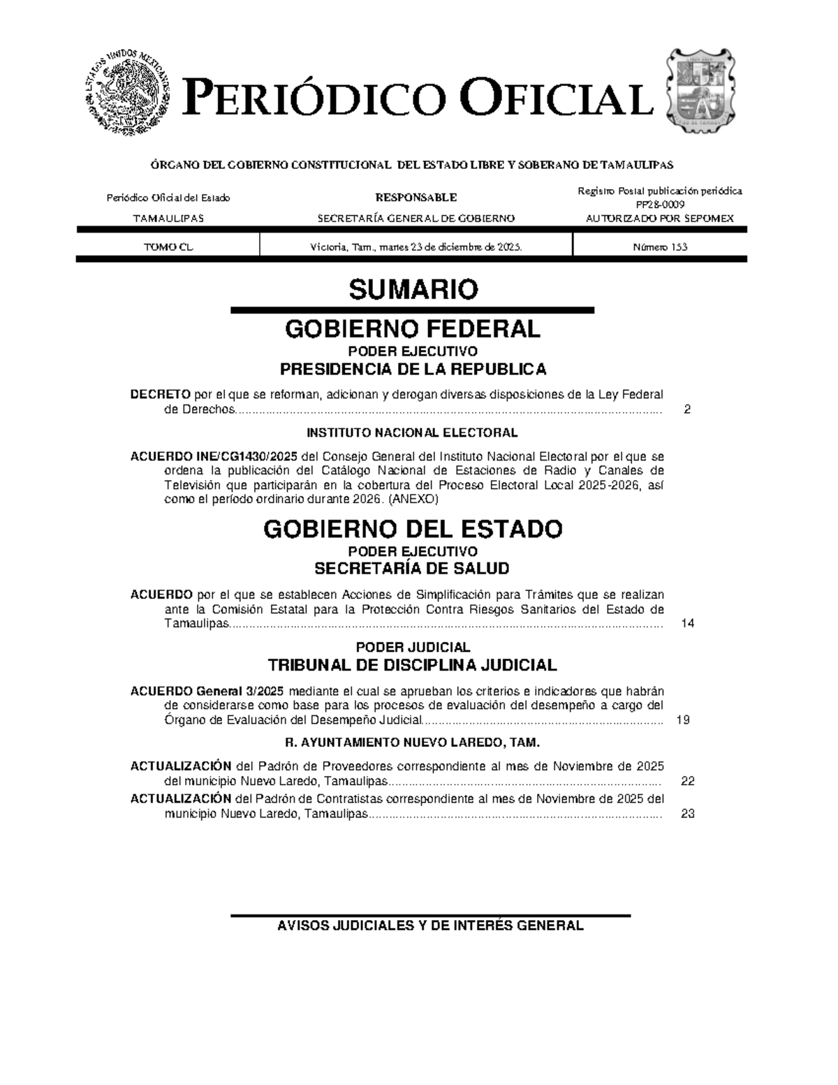 Cl-153-231225 - Periódico Oficial del Estado de Tamaulipas - 23 Dic ...