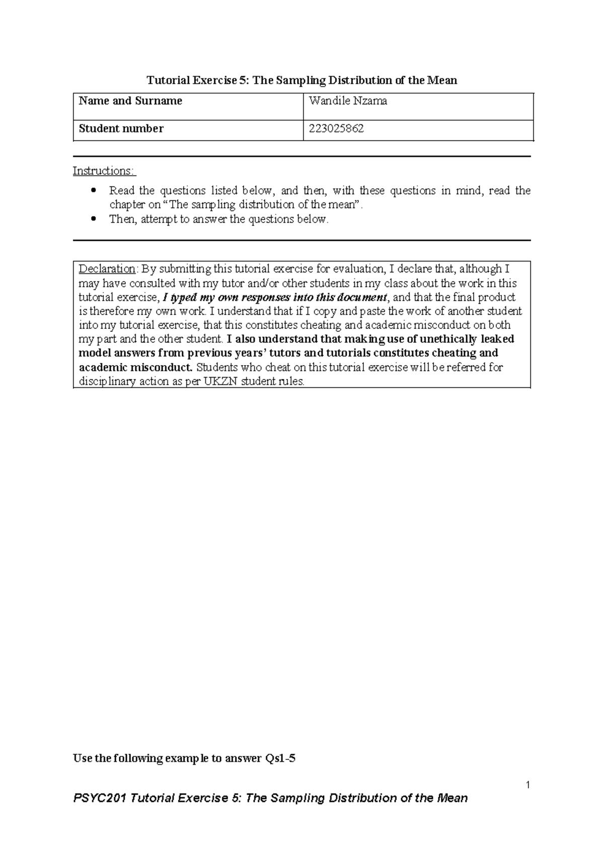 PSYC201 Tutorial Exercise 5: Understanding the Sampling Distribution of the Mean - Studocu
