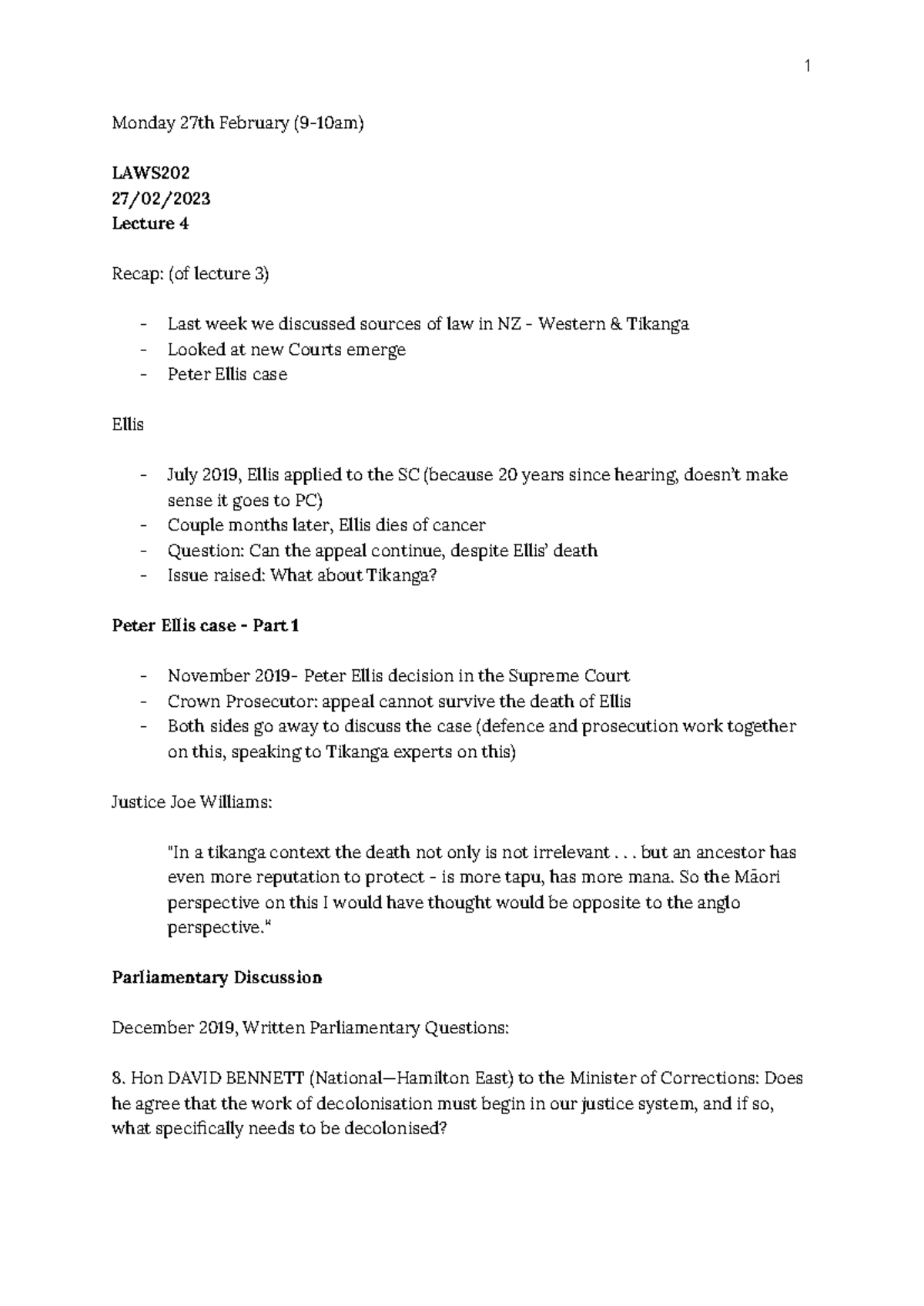 LAWS202 W2 L1 Lecture 4 Notes: Peter Ellis Case & Tikanga Integration ...