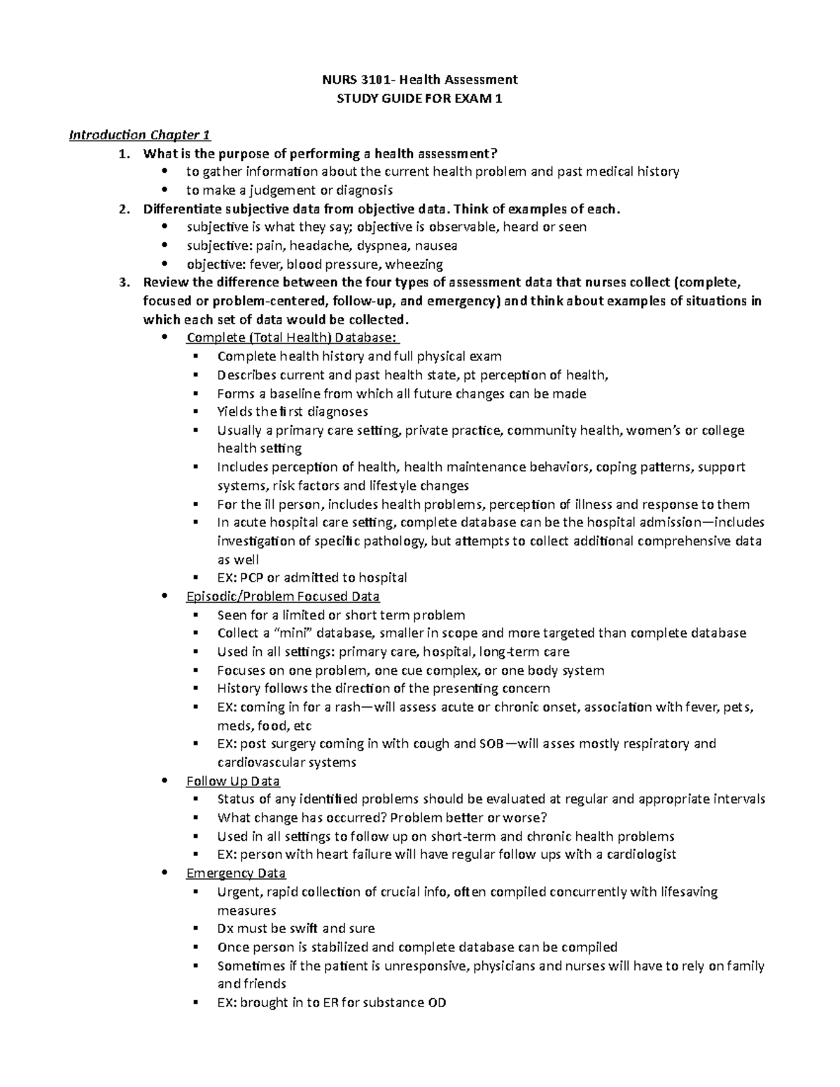 NURS 3101 Health Assessment Study Guide for Exam 1 - Studocu