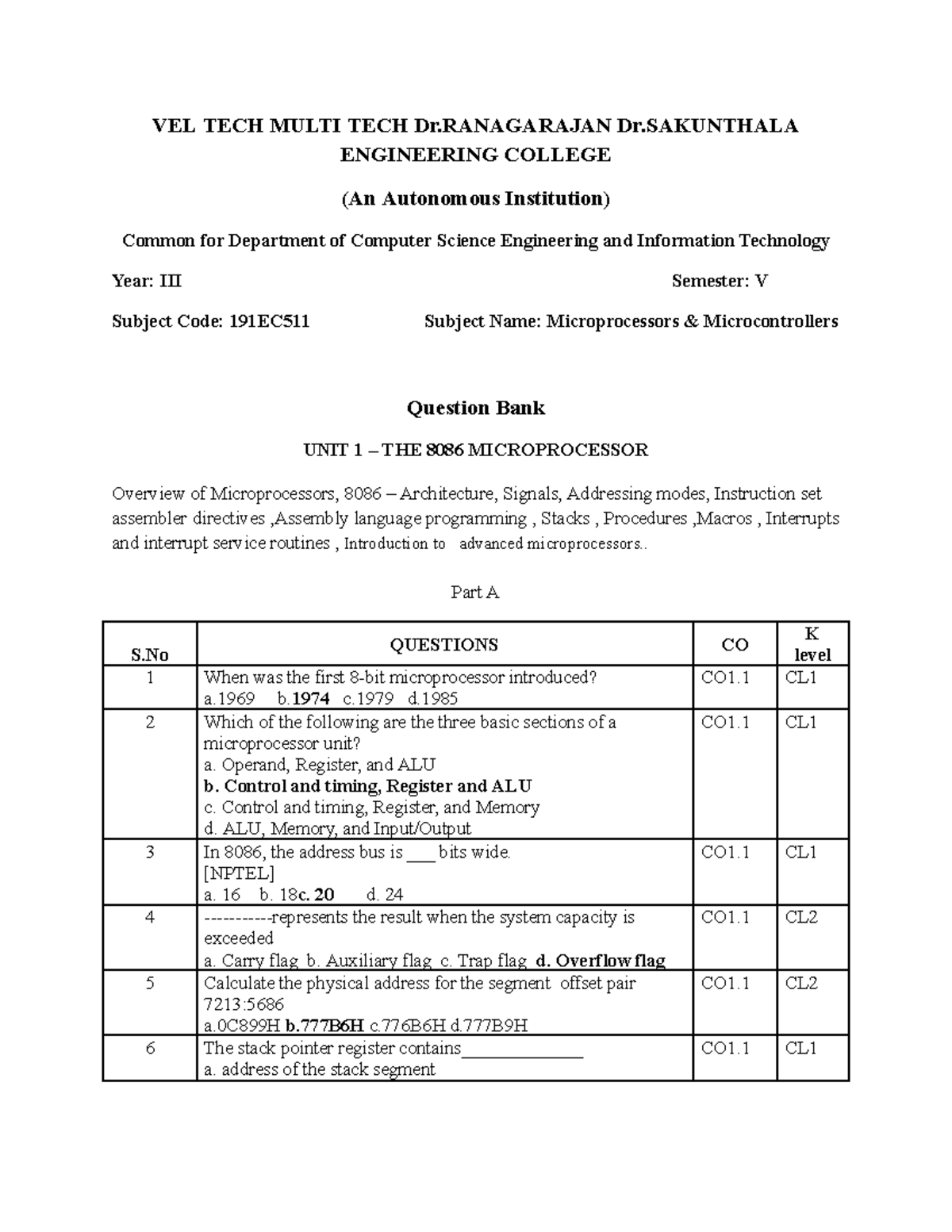 Microprocessors & Microcontrollers Question Bank - 191EC511 - CSE-IT ...