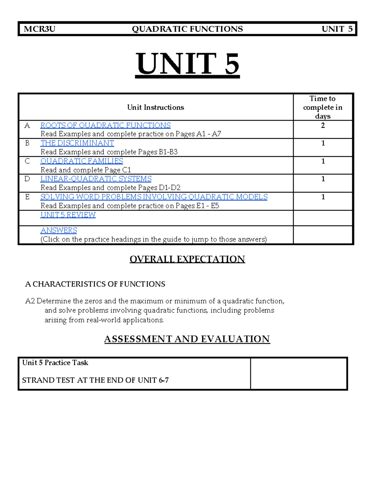 Unit 5 - Functions MCR3U Unit 5 - UNIT 5 OVERALL EXPECTATION ...