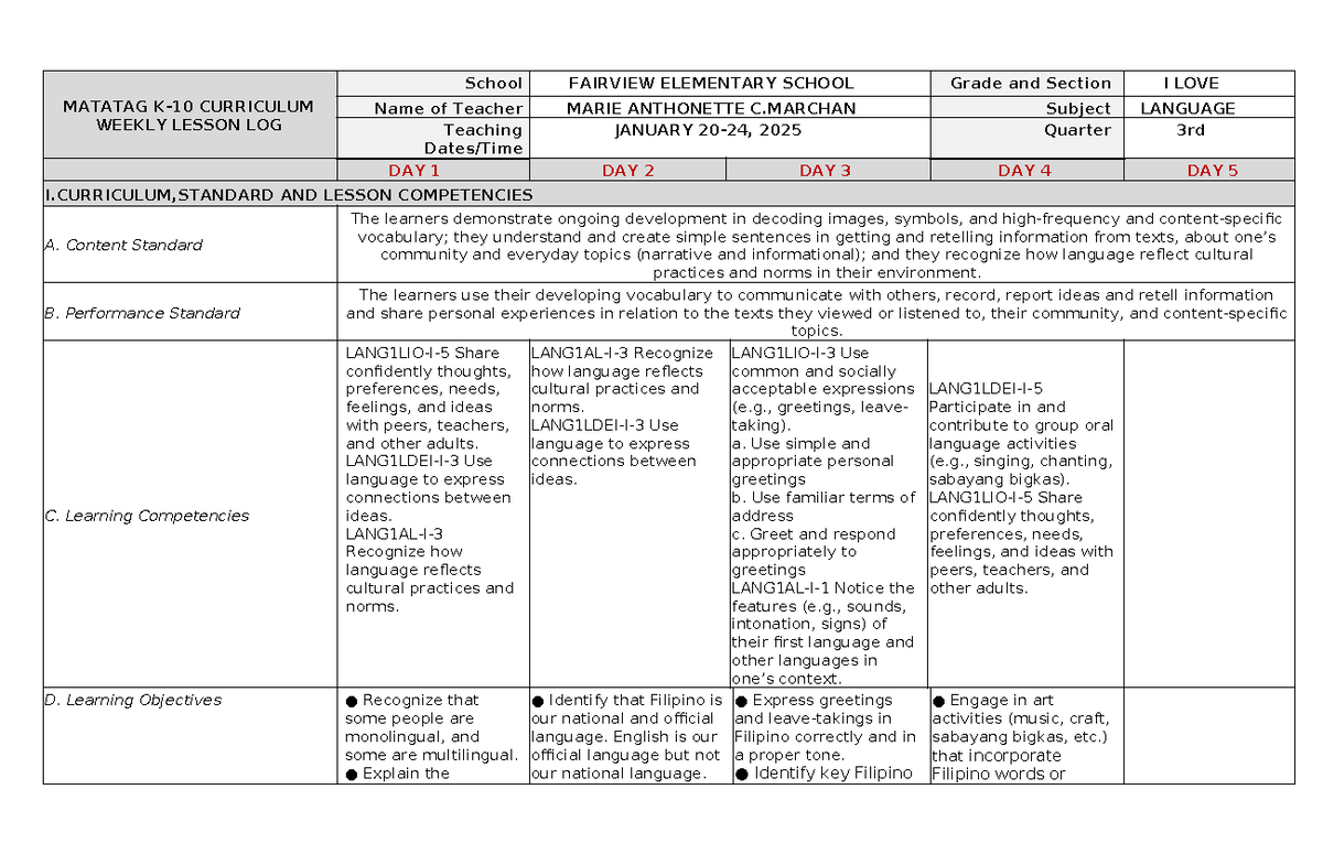 LANGUAGE Q3 WEEK 3 LESSON PLAN - FAIRVIEW ELEMENTARY - Studocu