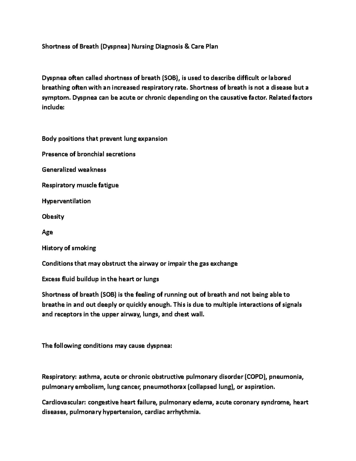 Nursing Diagnosis & Care Plan for Dyspnea Management - Studocu