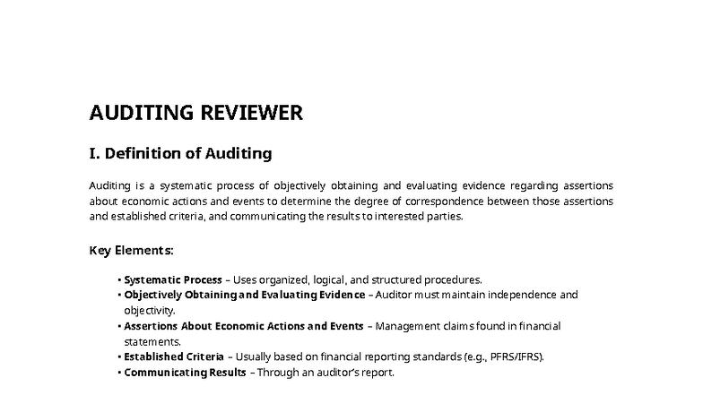 AUDITING REVIEWER I: Key Concepts and Objectives Explained - Studocu