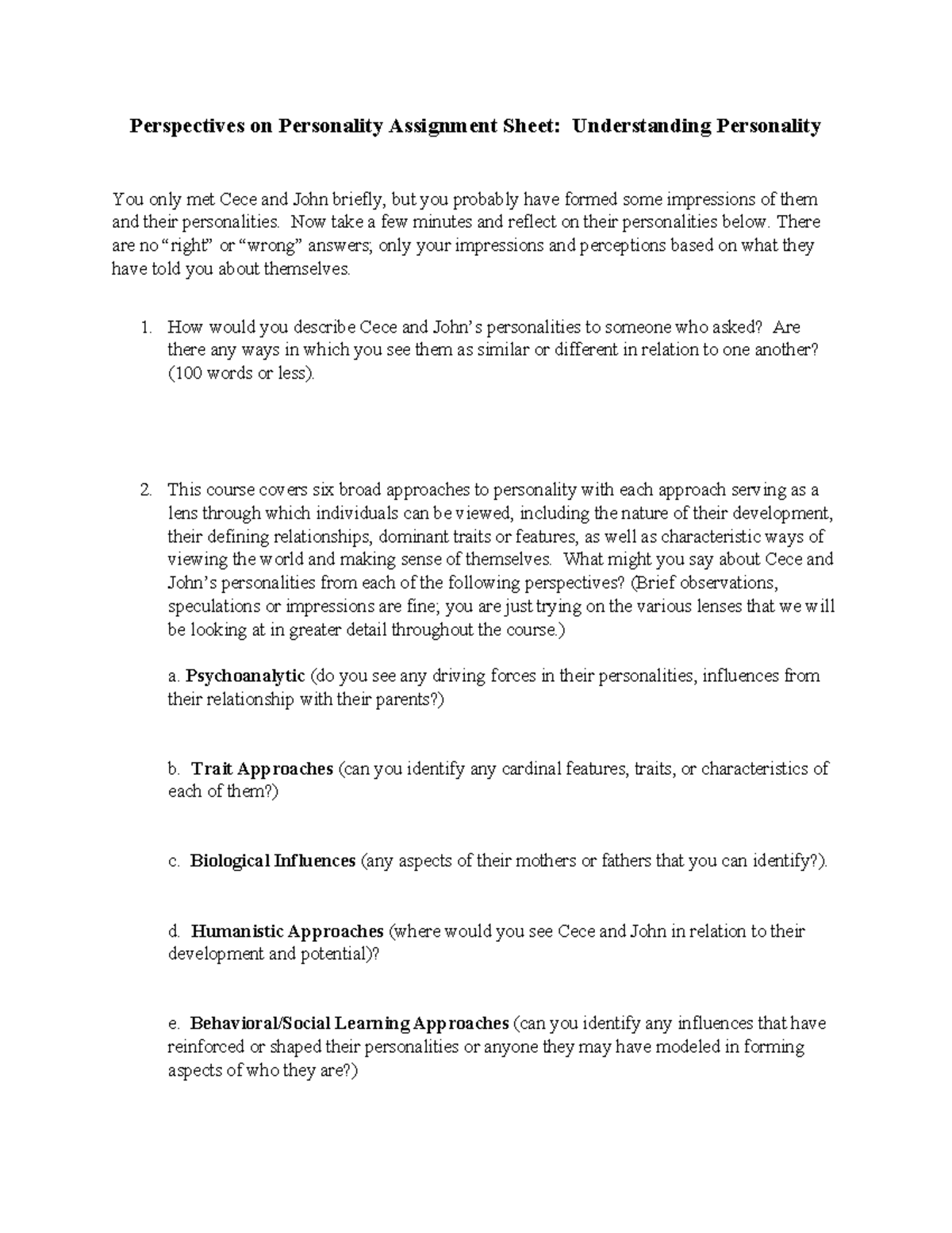 Lesson 1: Understanding Personality Perspectives on Cece & John - Studocu