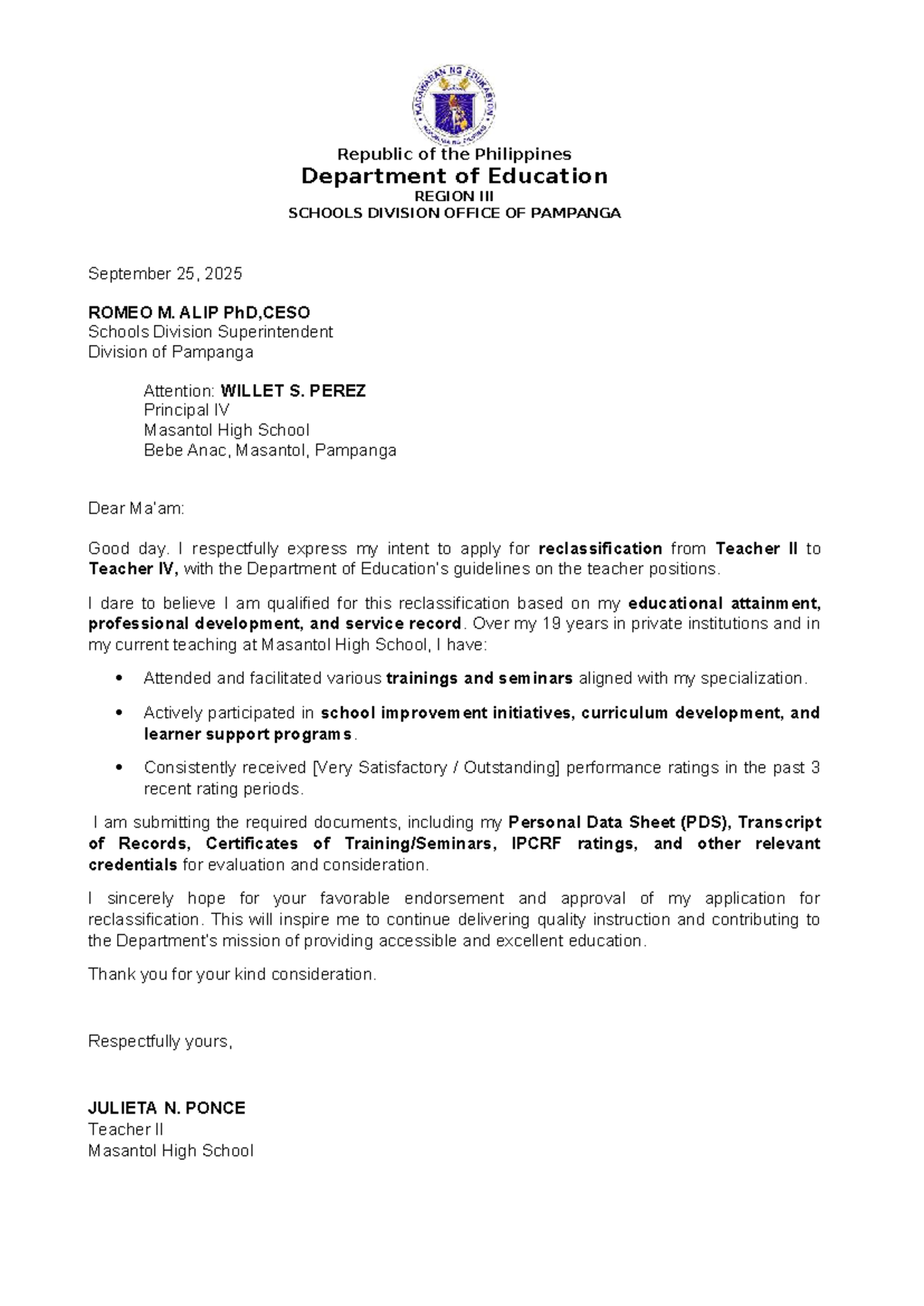 Letter of Intent for Reclassification - Teacher II to IV - Studocu