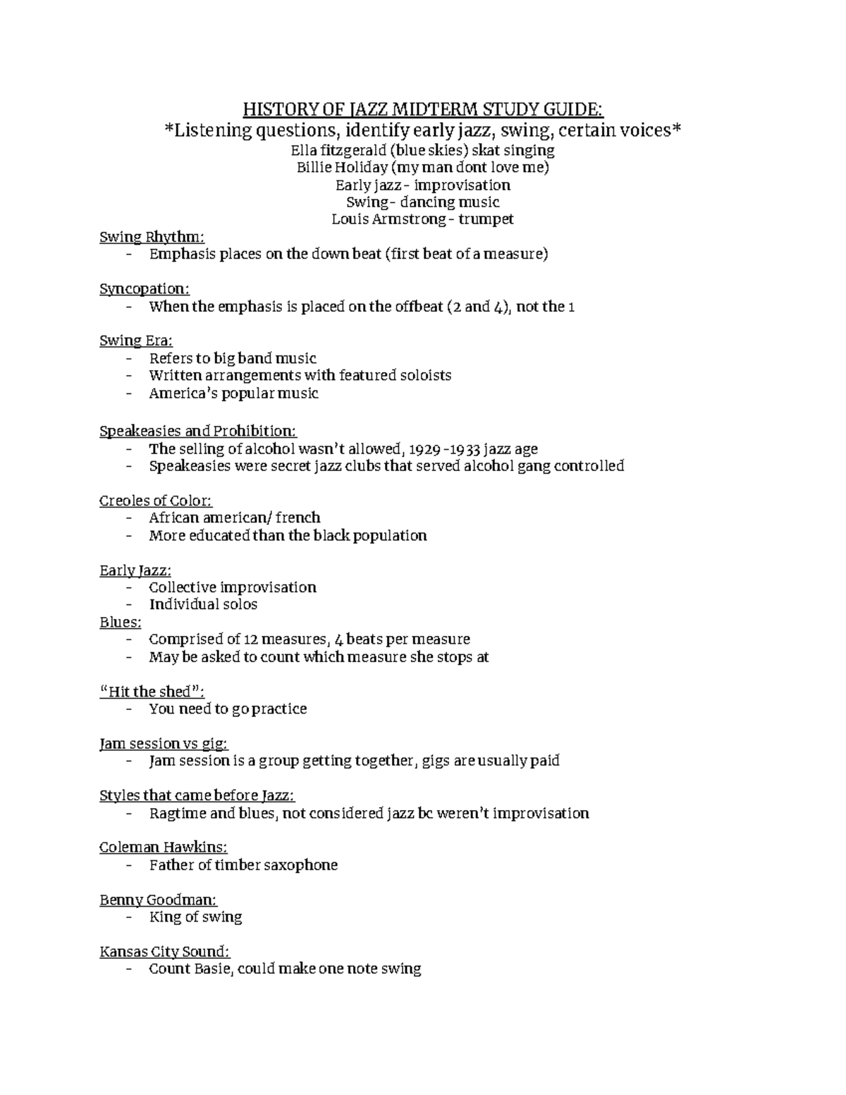 HIST 201: Midterm Study Guide for History of Jazz Class - Studocu
