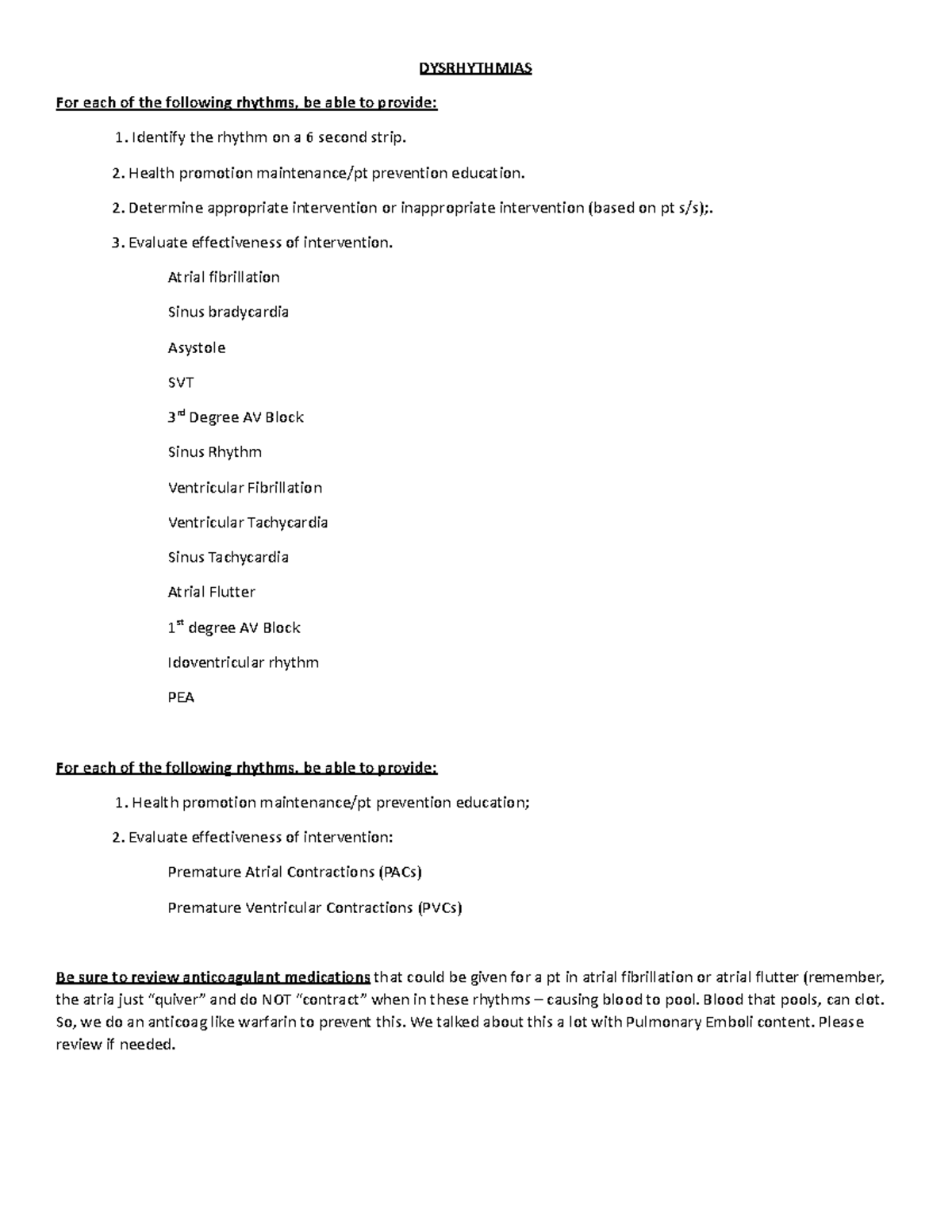 DYSRHYTHMIAS Exam 3 Study Guide: Key Concepts & Interventions - Studocu
