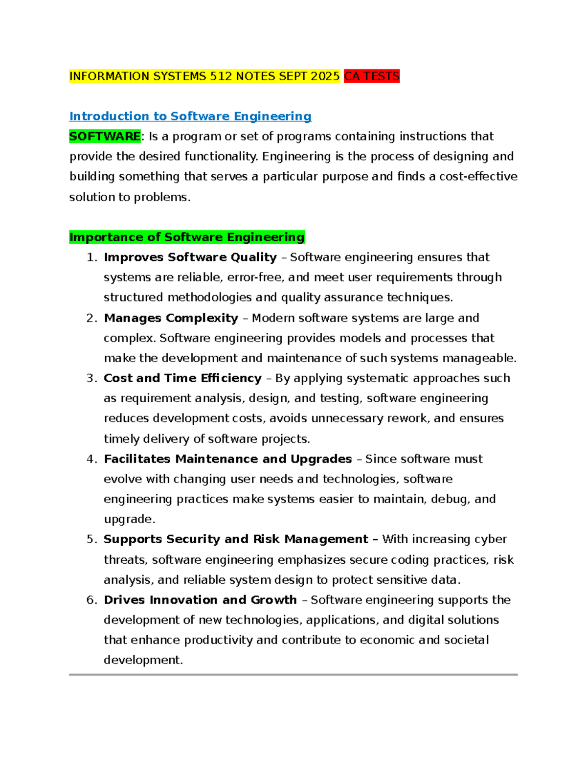 IS512 Software Engineering Notes - Key Concepts & Importance - Studocu