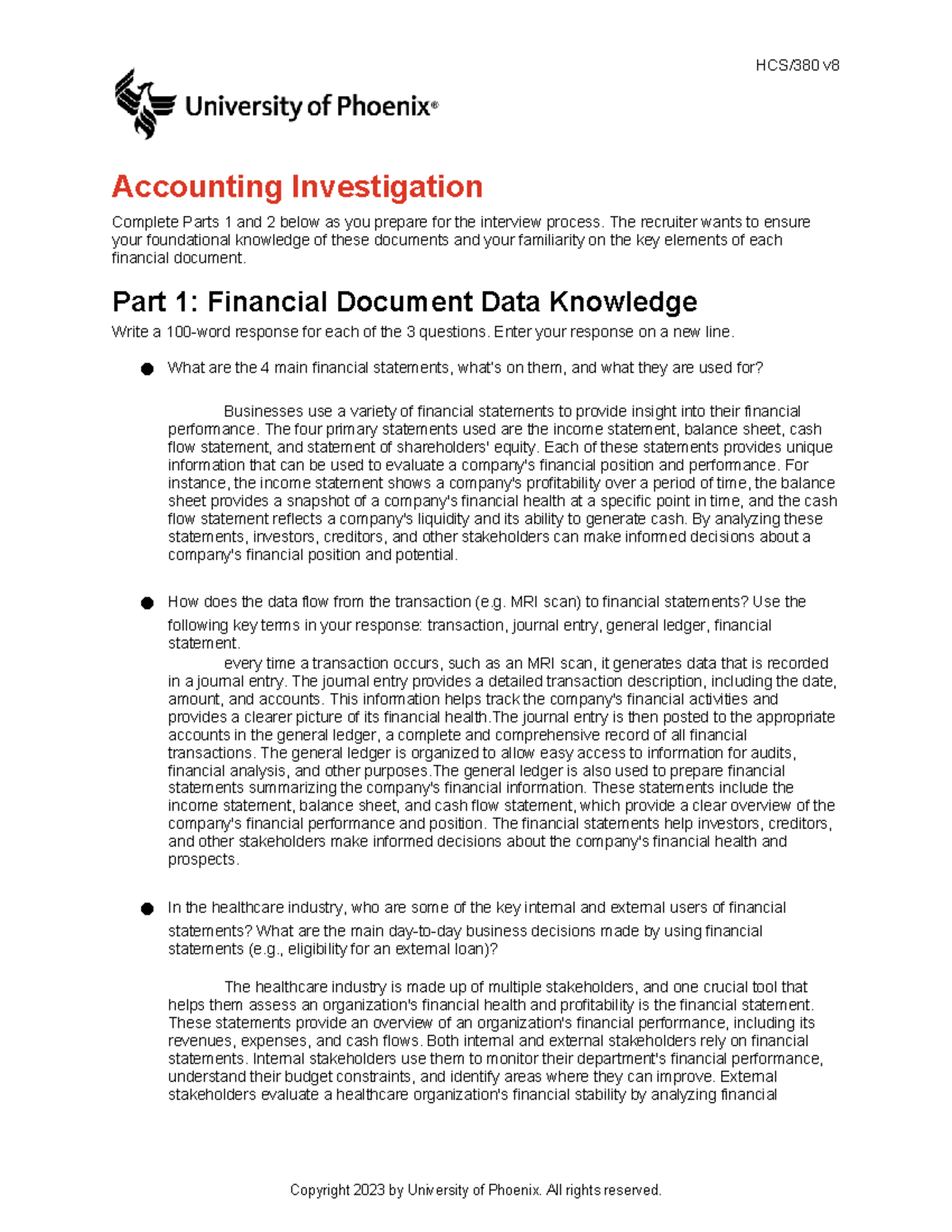 HCS/380 v Week 2 Accounting Investigation: Understanding Financial Docs ...