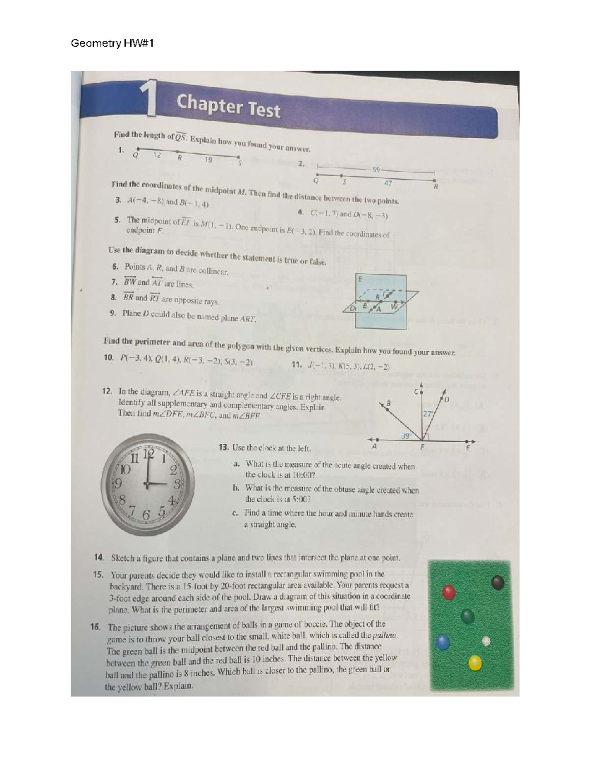 Geometry 1 Chapter Test: Midpoints, Distances, and Angles - Studocu