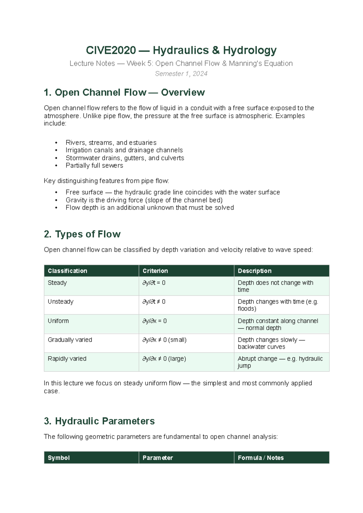CIVE2020 Hydraulics Hydrology Lecture Notes: Open Channel Flow - Studocu