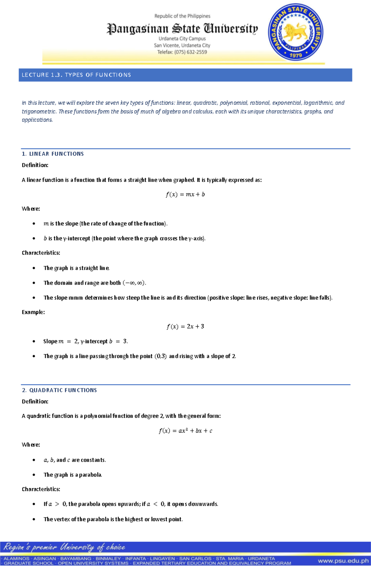 Lecture 1: Analyzing 7 Key Types of Functions - Studocu