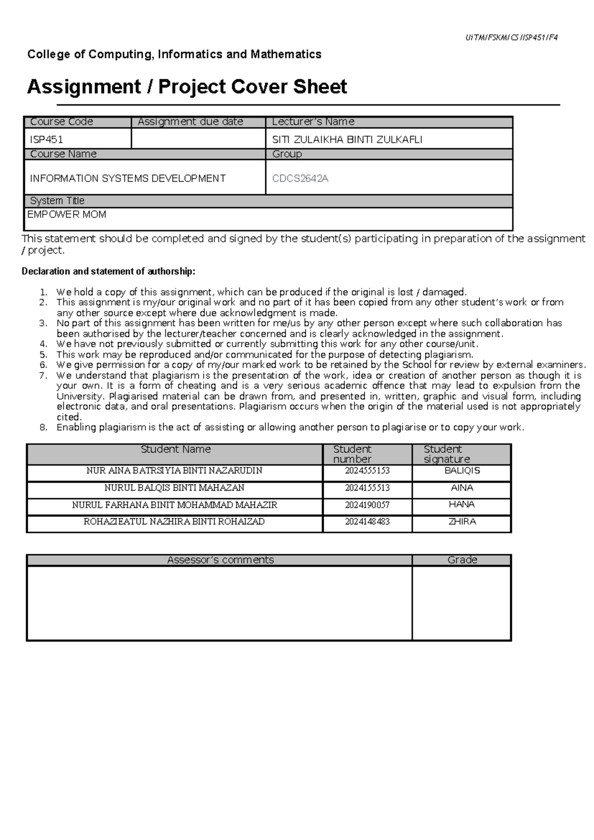 ISP451 Final Project Cover Sheet: Empower Mom System Development - Studocu