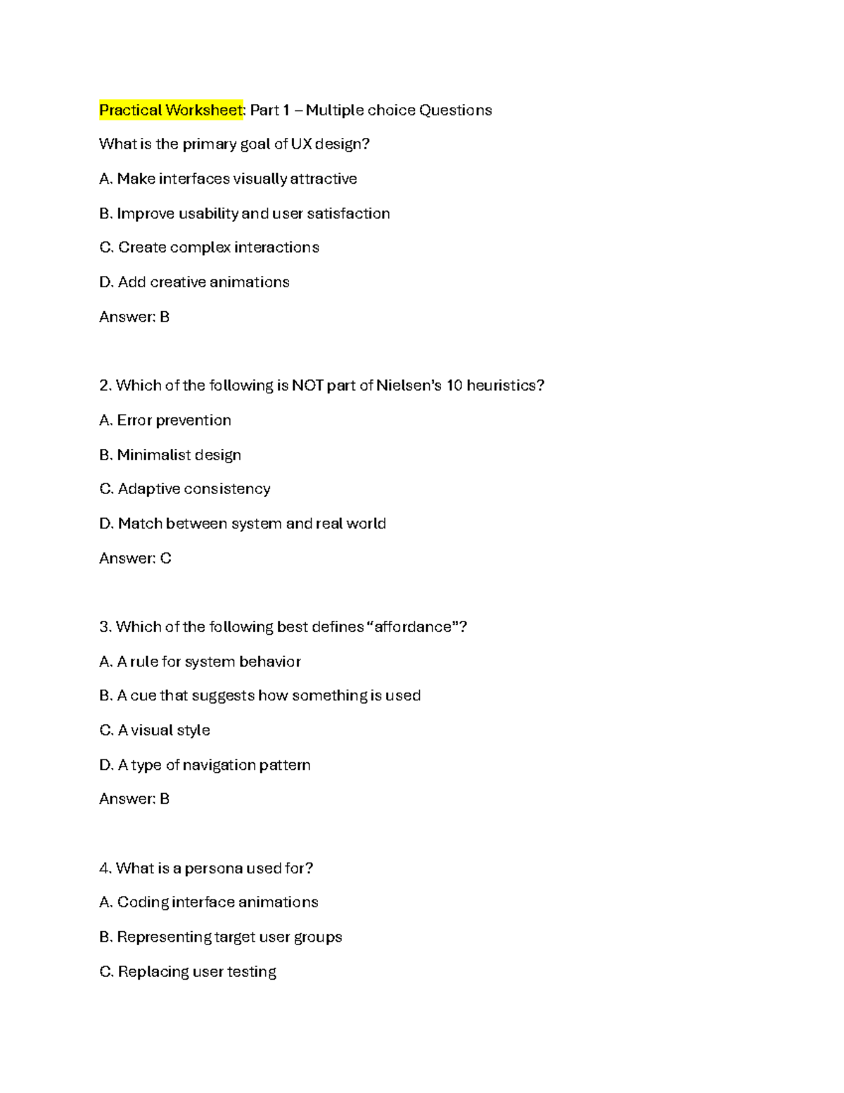 Practice Worksheet: UX Design Concepts & MCQs - Studocu