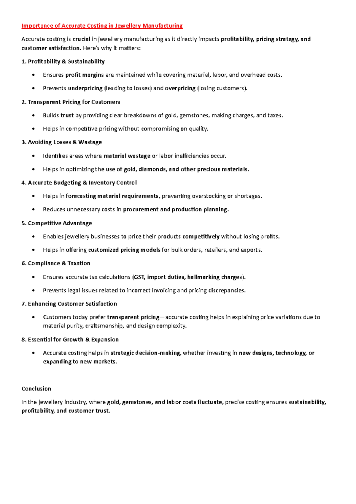 Costing & Pricing Notes for Jewellery Manufacturing (Course Code ...
