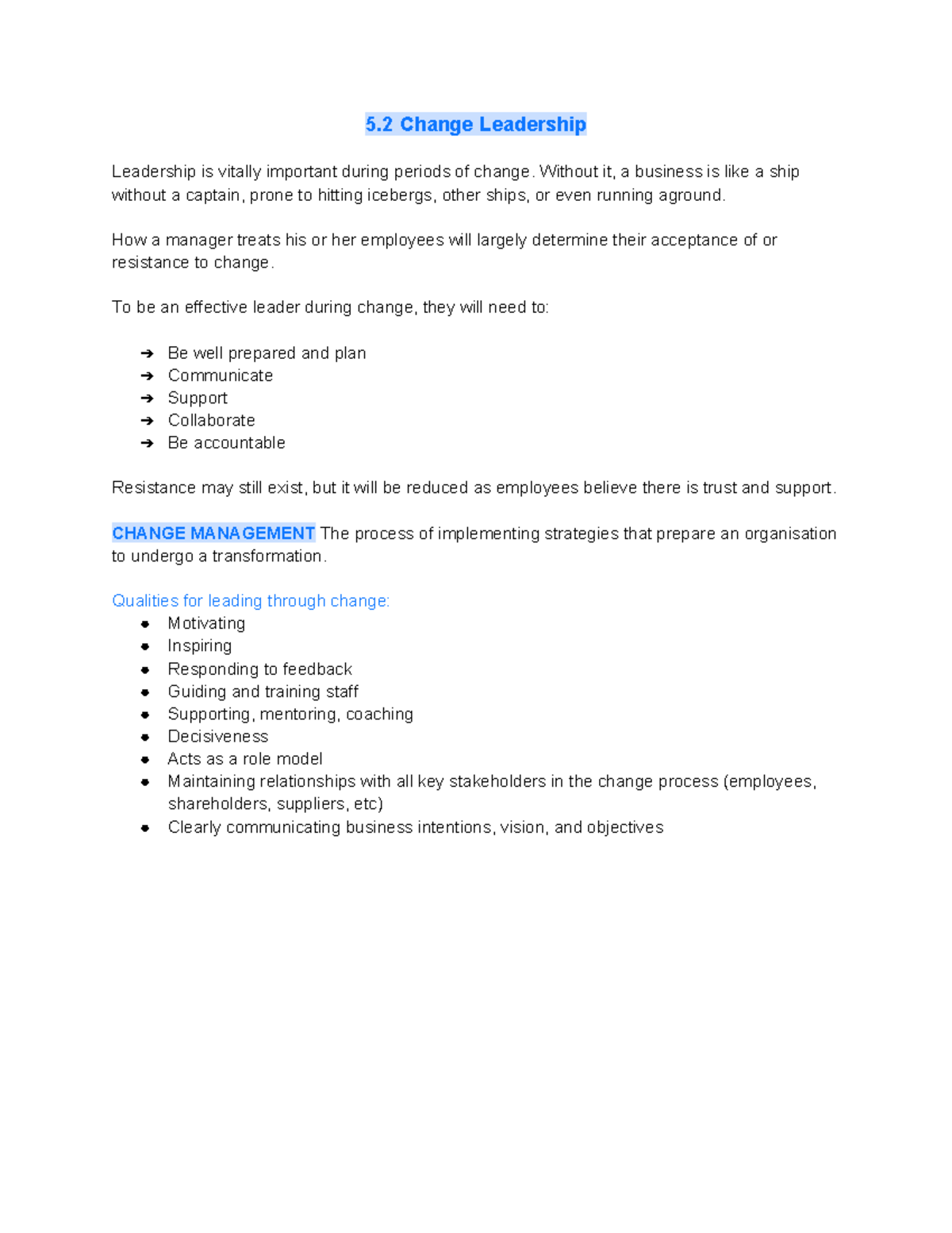 Business Management UNIT 4 AOS 2: Change Leadership & Management ...